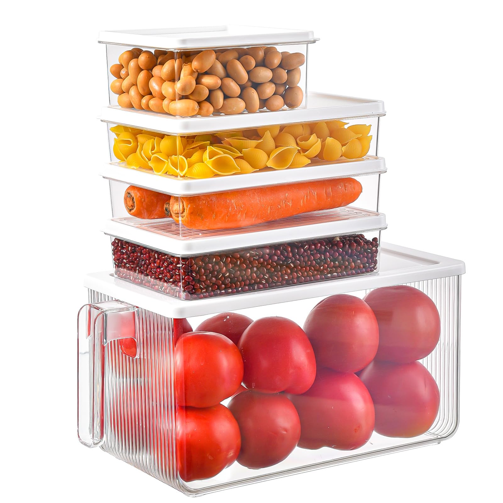 Bokelai 5 Pack Fridge Organizers Clear Food Storage Containers with Lids & Handle Cereal Containers Stackable Refrigerator Organizer Bins Reusable Idea for Pantry Kitchen Cabinet