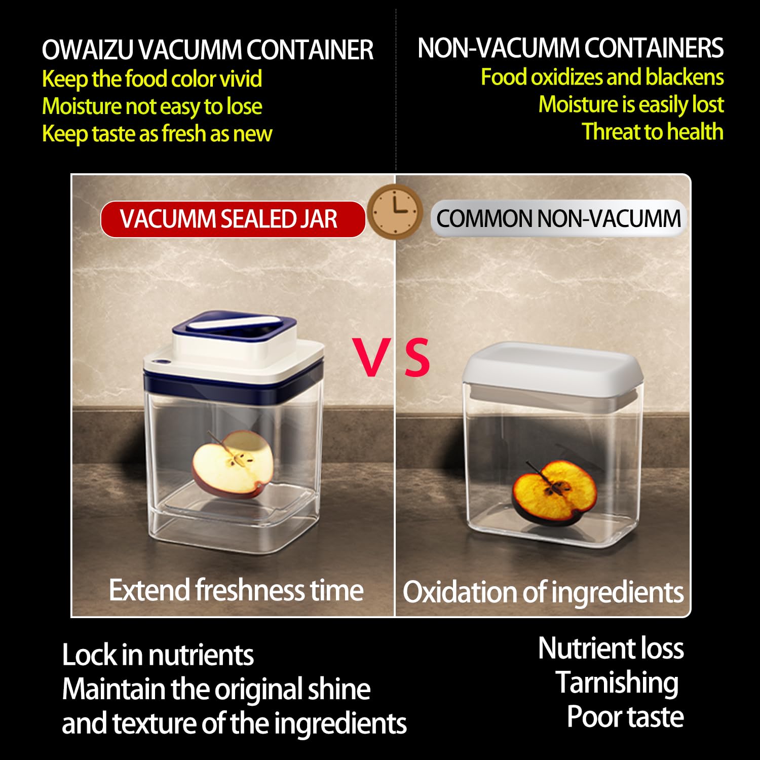 OWAIZU Vacuum Sealed Food Storage Container, BPA Free Wide Mouth Airtight Jar Keep Fresh Longer, Great to Keep Coffee Beans, Spice, Cereal, Snacks, Kitchen and Pantry Organization, 22fl.oz/650ml