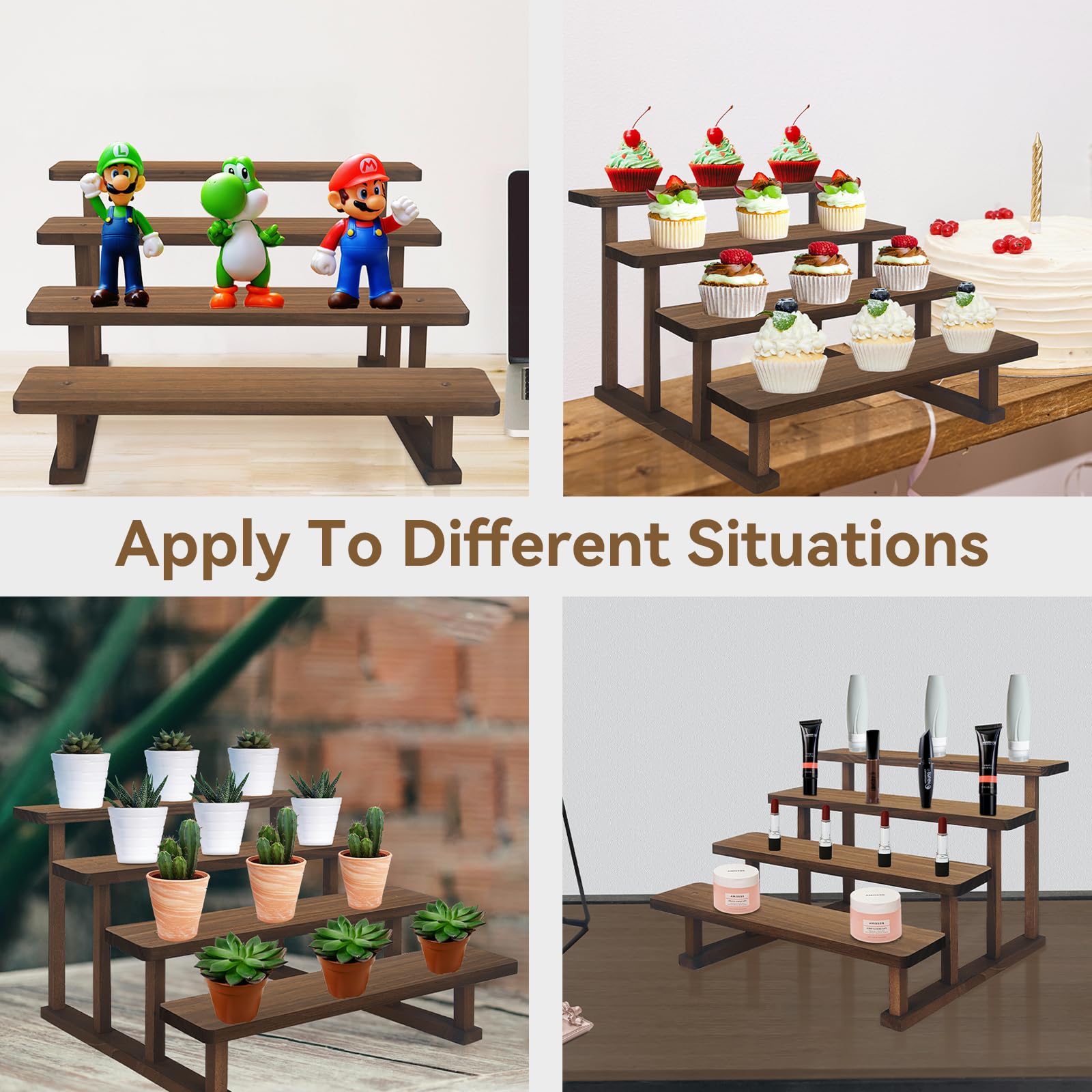 WEWLINE 4 Tier Wooden Display Riser Stand,Cupcake Display Shelf Tabletop Spice Rack for Party,Kitchen,Perfume,Fragrance,Vendors event