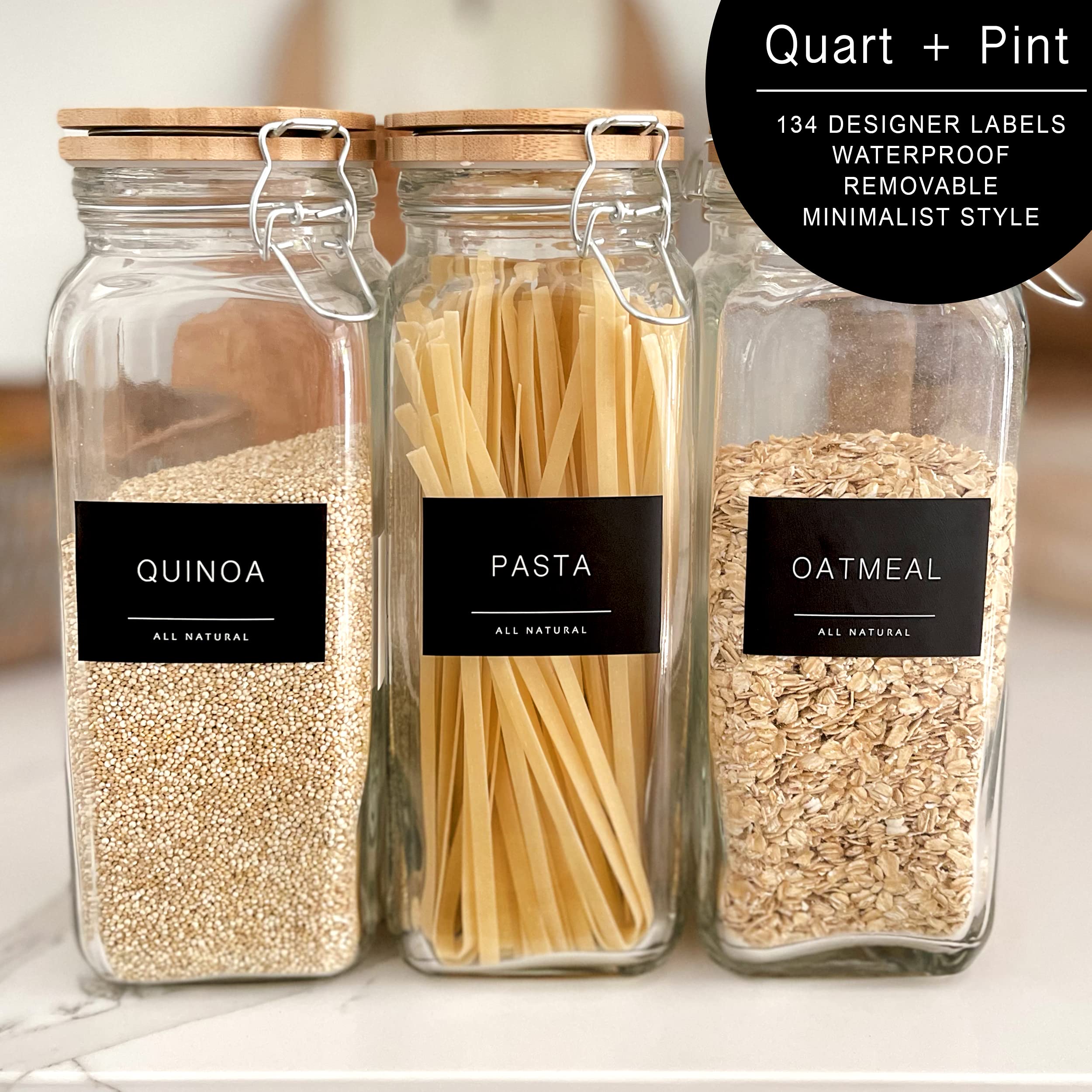 QUART + PINT 134 Kitchen Pantry Labels for Containers. Minimalist Preprinted Farmhouse Style. Black Matte Sticker White Text. Waterproof Stickers. Organization labels for Jars Canisters & Storage Bins
