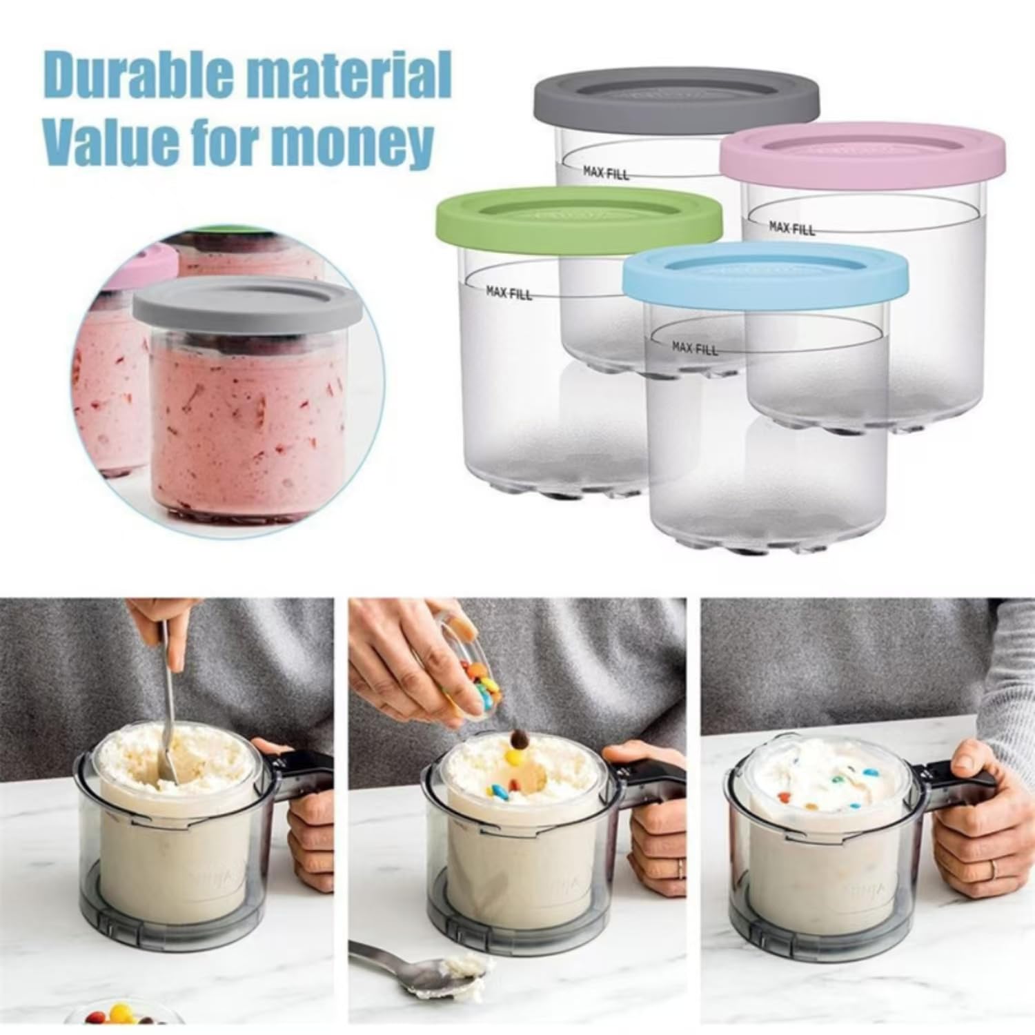 MANHONGYU 4 Pack Ice Cream Containers for Ninja, Replacement Creami Pints and Lids,Airtight Leak Proof,BPA-Free Dishwasher Safe, Grey/Blue/Pink/Yellow