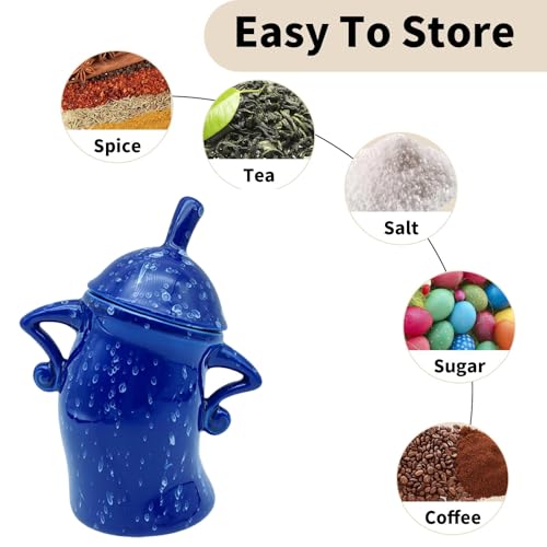 Qiukuicaoben Canister With Attitude Ceramic,Teapot with Attitude, Cute Ceramic Jar With Lid, Ceramic Jars with Lids for Kitchen, for Coffee Sugar and Spices Storage Container (Blue+White3)