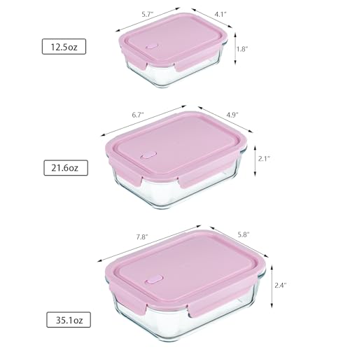 TRBIDRBO 3 Packs Glass Meal Prep Containers Set, Glass Food Storage Containers with Lids for Meal Prep and Leftovers Microwave, Oven, Freezer Dishwasher Friendly (Pink)