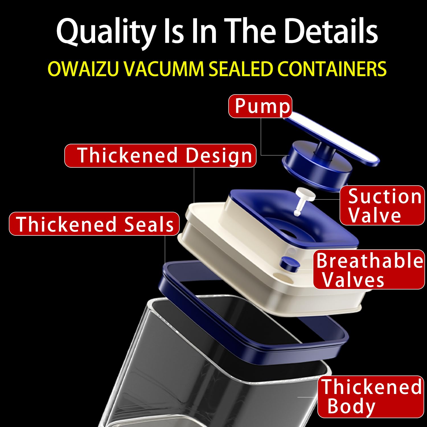 OWAIZU Vacuum Sealed Food Storage Container, BPA Free Wide Mouth Airtight Jar Keep Fresh Longer, Great to Keep Coffee Beans, Spice, Cereal, Snacks, Kitchen and Pantry Organization, 22fl.oz/650ml