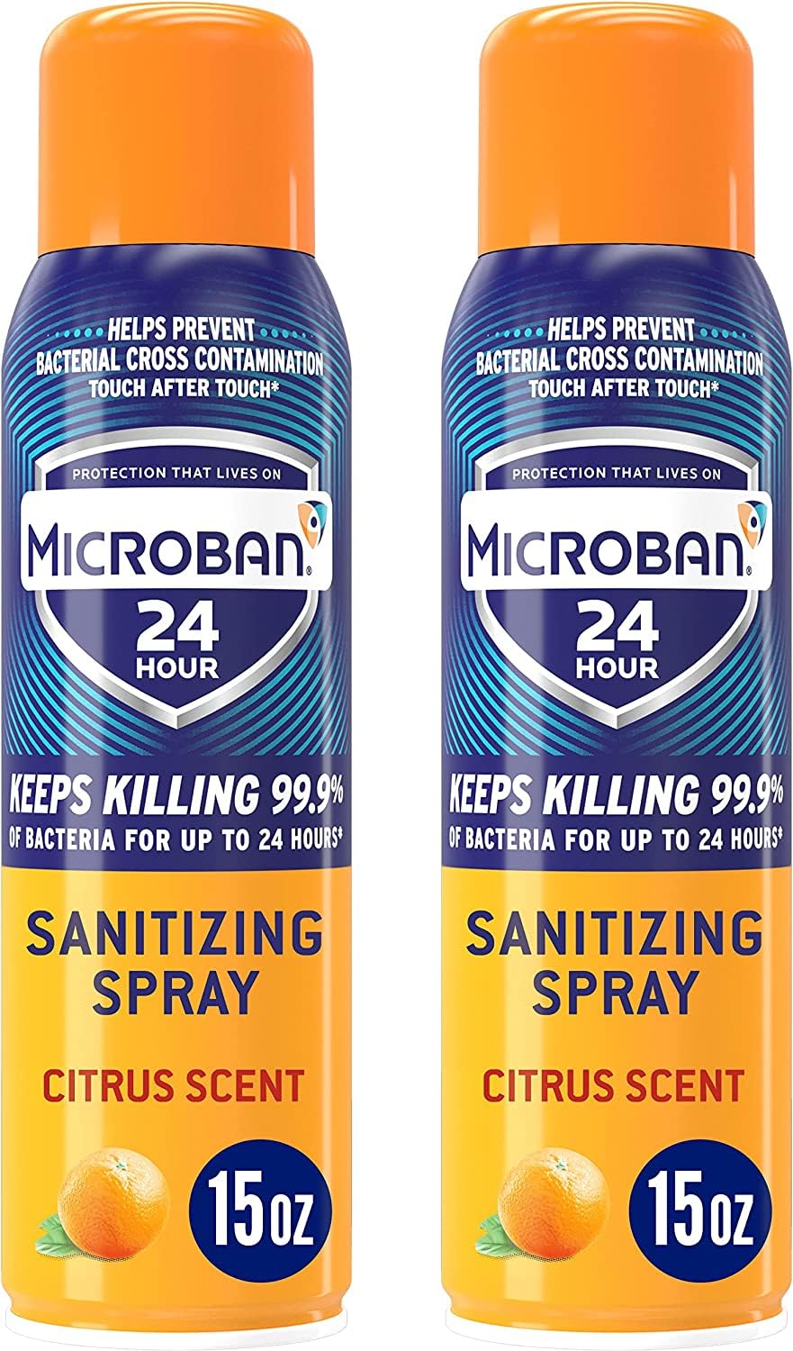 Microban Disinfectant Spray, 24 Hour Sanitizing and Antibacterial Spray, Sanitizing Spray, Citrus Scent, 2 Count (15oz Each) (Packaging May Vary)