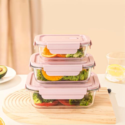 TRBIDRBO 3 Packs Glass Meal Prep Containers Set, Glass Food Storage Containers with Lids for Meal Prep and Leftovers Microwave, Oven, Freezer Dishwasher Friendly (Pink)