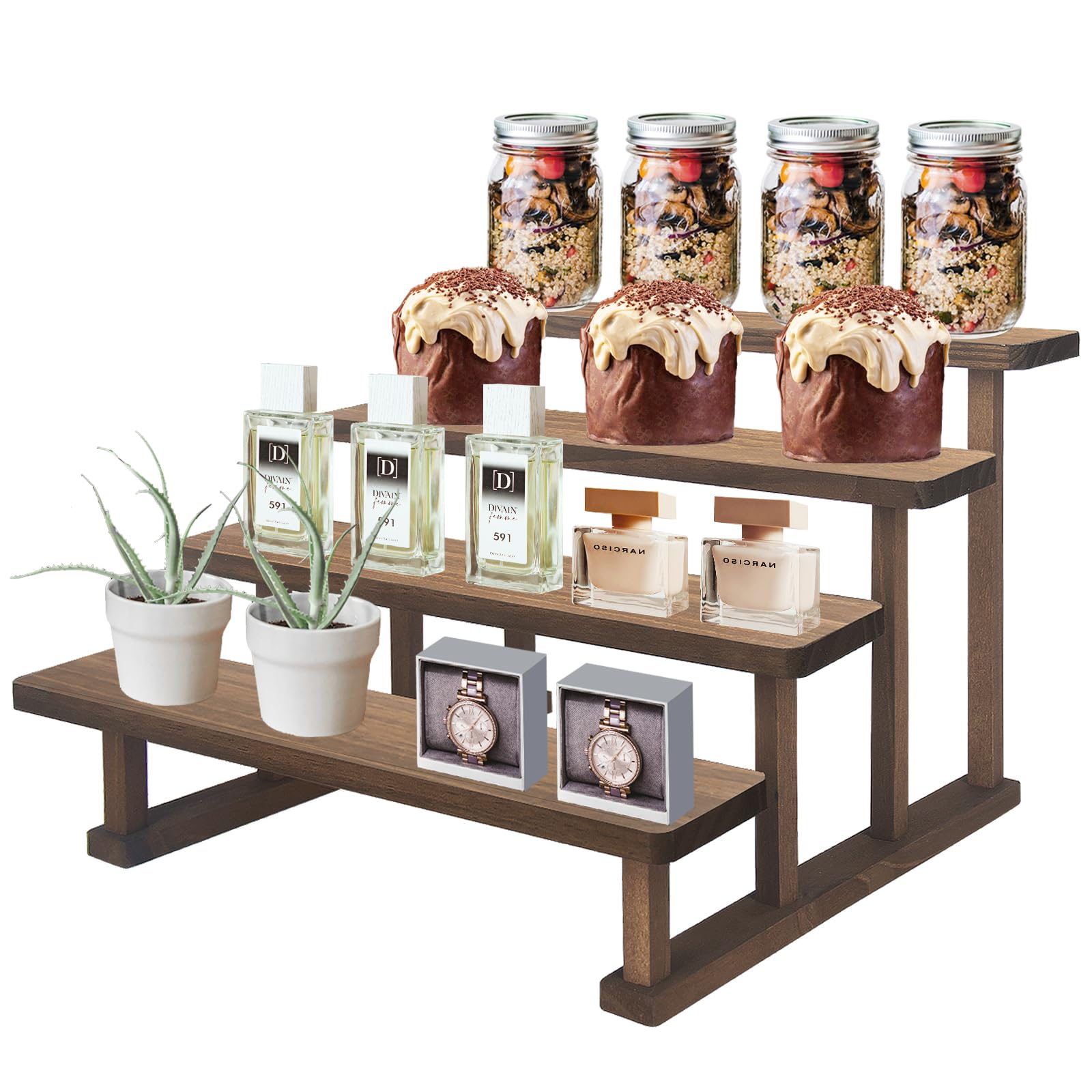 WEWLINE 4 Tier Wooden Display Riser Stand,Cupcake Display Shelf Tabletop Spice Rack for Party,Kitchen,Perfume,Fragrance,Vendors event