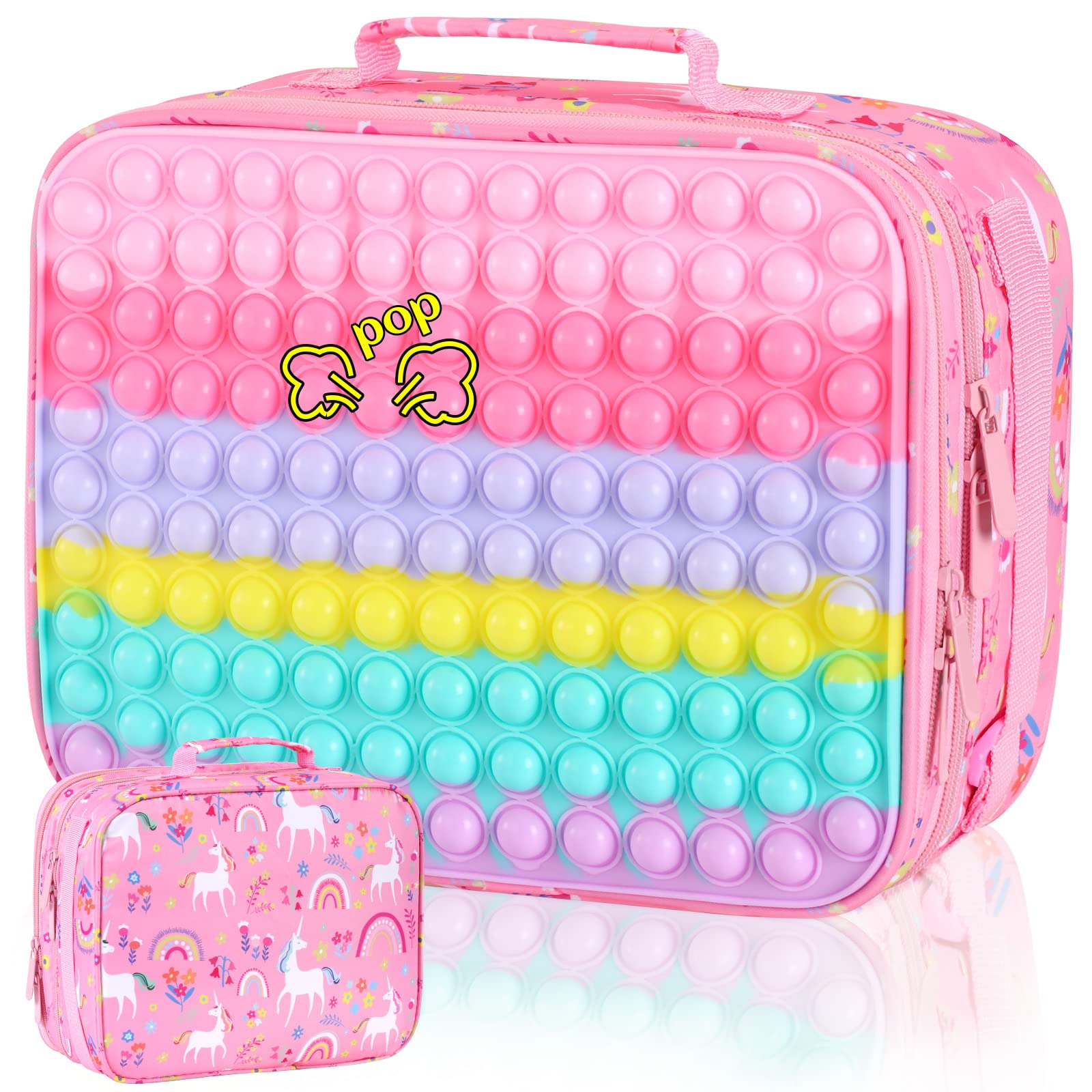 MOVCZON Rainbow Lunch Box for Girls Kids Lunch Bag Set School Supplies for Kids Insulated Lunch Tote Bag- Picnic Leakproof Cooling Lunch Containers with Adjustable Shoulder Strap Back to School