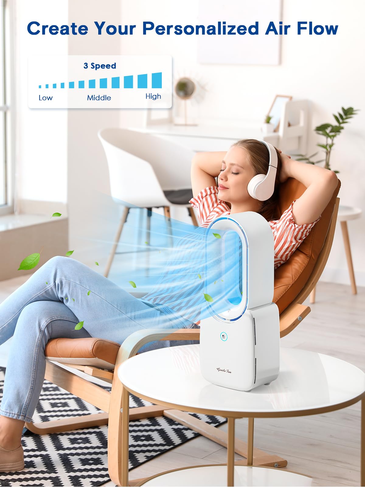 let'me Desk Fan,Portable Bladeless Fan 11.8 inch Small Personal Cooling Fan with 5 Colors Touch Control LED Light,Quiet Table Fan for Home, Office, Bedroom