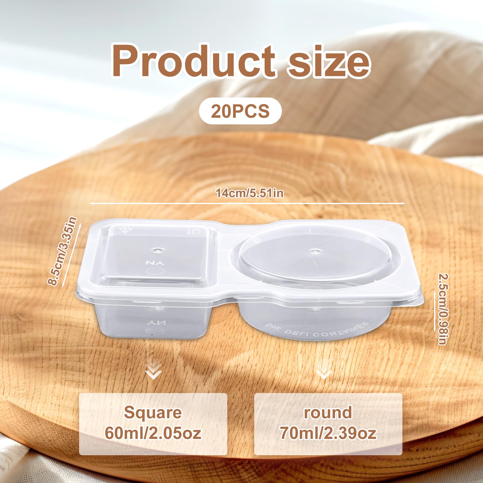 NQEUEPN 20pcs Double Condiment Containers, Square & Round Condiment Containers with Lids 2 Compartment Snack Containers Double Sauce Containers for Camping Travel, Easy to Clean