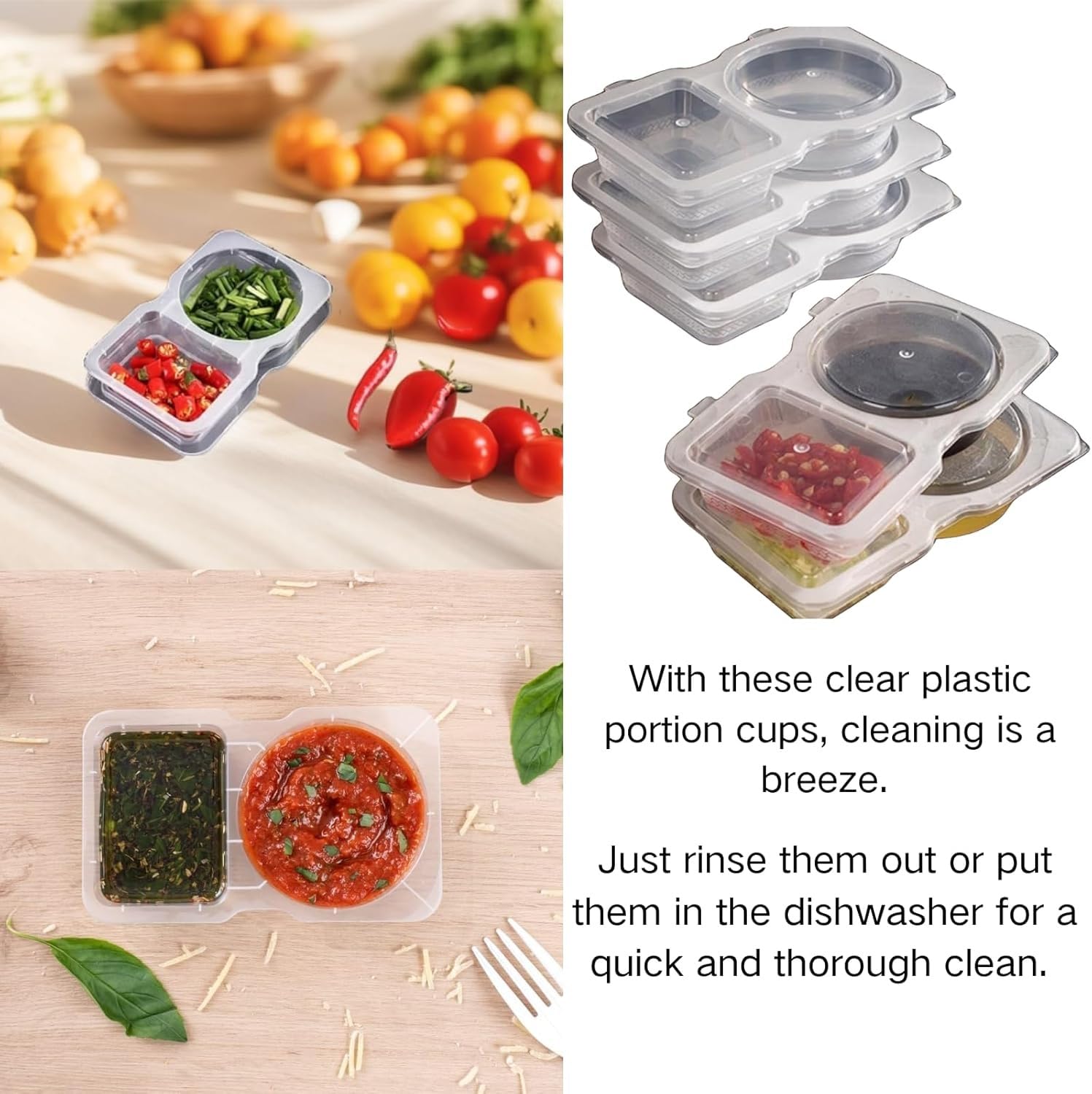 RHUTQP Reusable Snack Containers with Lids,2 Compartment Snack Containers,Small Snack Containers,Disposable Snack Containers with Lids,for Condiment, Dip, Sauce, and Snacks(5PCS)