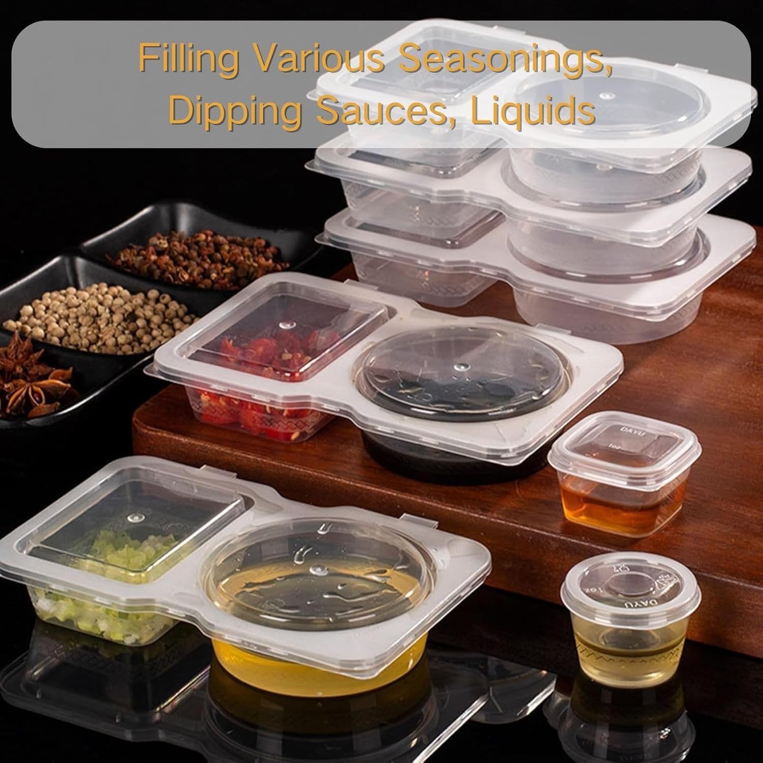 RHUTQP Reusable Snack Containers with Lids,2 Compartment Snack Containers,Small Snack Containers,Disposable Snack Containers with Lids,for Condiment, Dip, Sauce, and Snacks(5PCS)