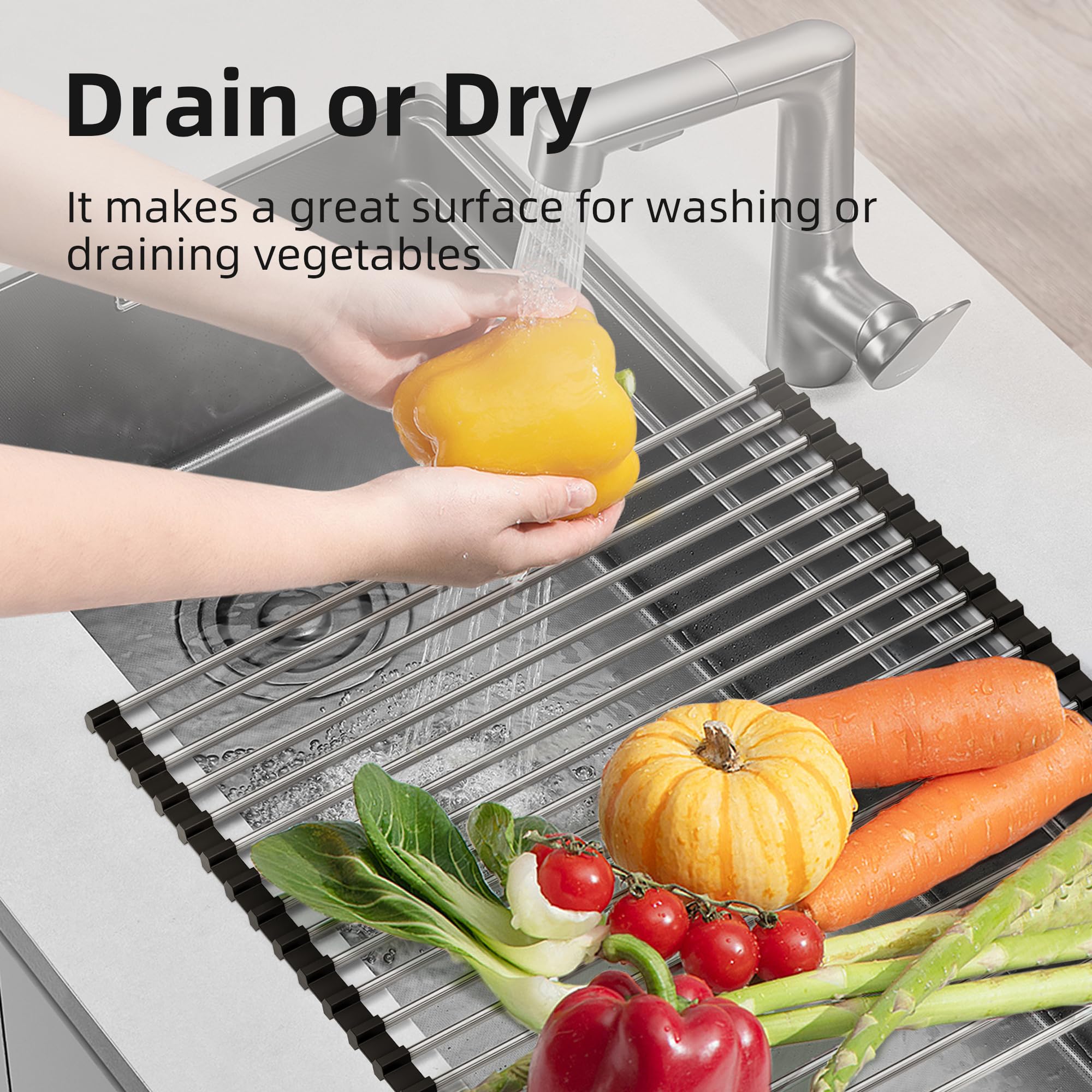 NEZUIBAN Dish Drying Rack with Roll Up and Over Sink for Kitchen,17.2"x11.8",Black