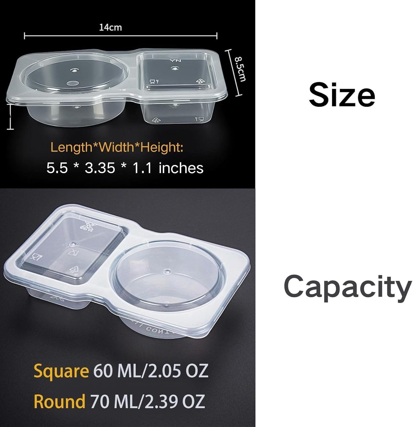 RHUTQP Reusable Snack Containers with Lids,2 Compartment Snack Containers,Small Snack Containers,Disposable Snack Containers with Lids,for Condiment, Dip, Sauce, and Snacks(5PCS)
