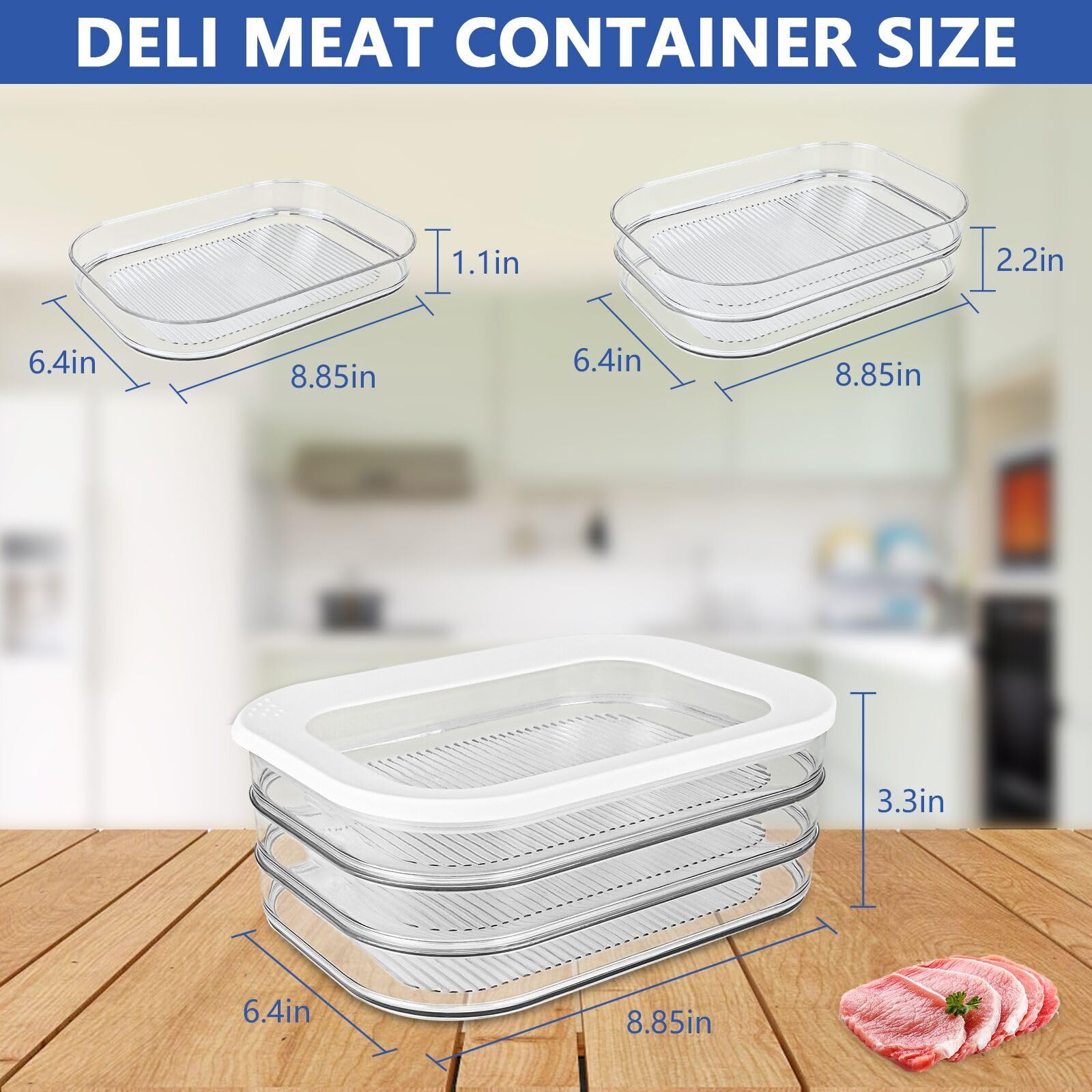 Deli Meat Container for Fridge, Stackable Food Storage Containers with Lid for Bacon, Airtight BPA Free Refrigerator Organizers and Storage for Sandwich, Lunch Meat, Cheese, Deli, Cold Cuts, Salami