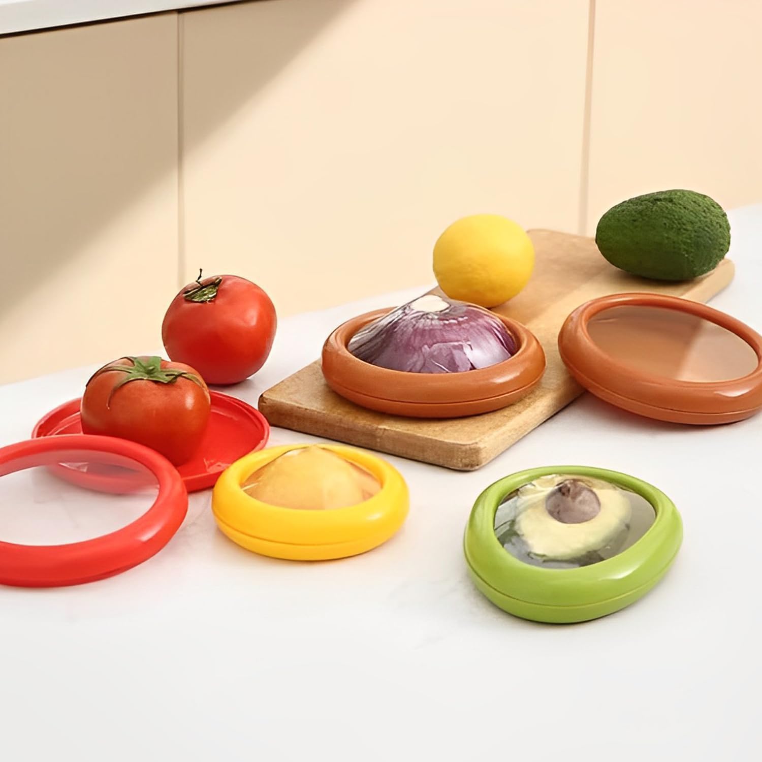 MONEBI 2024 New Silicone Fruit Storage Box, 4 Pack Fruit and Vegetable Anti-Oxidation Storage Box, Silicone Fruit Storage Containers For Fridge, Reusable Food Saver for Avocado Tomato Onion Lemon