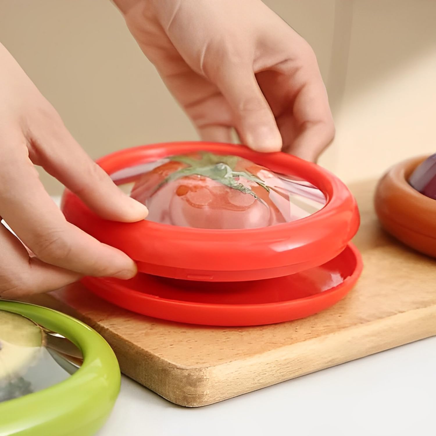 MONEBI 2024 New Silicone Fruit Storage Box, 4 Pack Fruit and Vegetable Anti-Oxidation Storage Box, Silicone Fruit Storage Containers For Fridge, Reusable Food Saver for Avocado Tomato Onion Lemon