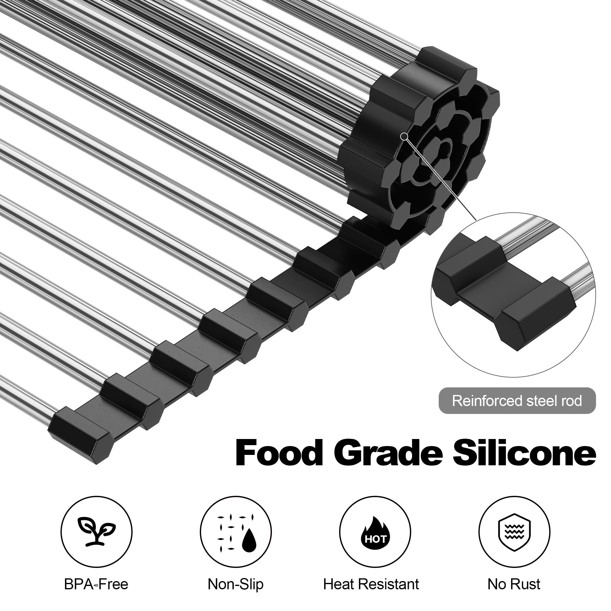 NEZUIBAN Dish Drying Rack with Roll Up and Over Sink for Kitchen,17.2"x11.8",Black