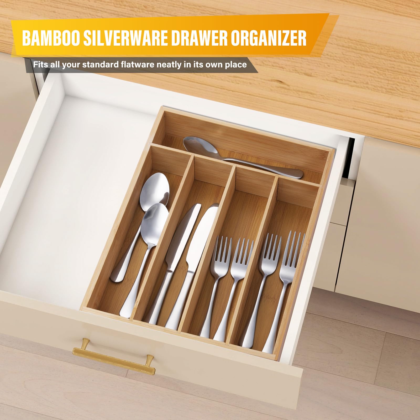 CherHome Silverware Organizer Utensil Drawer Organizer,Silverware Tray for Kitchen Drawer,Bamboo Flatware Tableware Cultery Caddy Utensil Tray Utensils Holder,5-Compartment,13.5" D x 10" W x 2" H