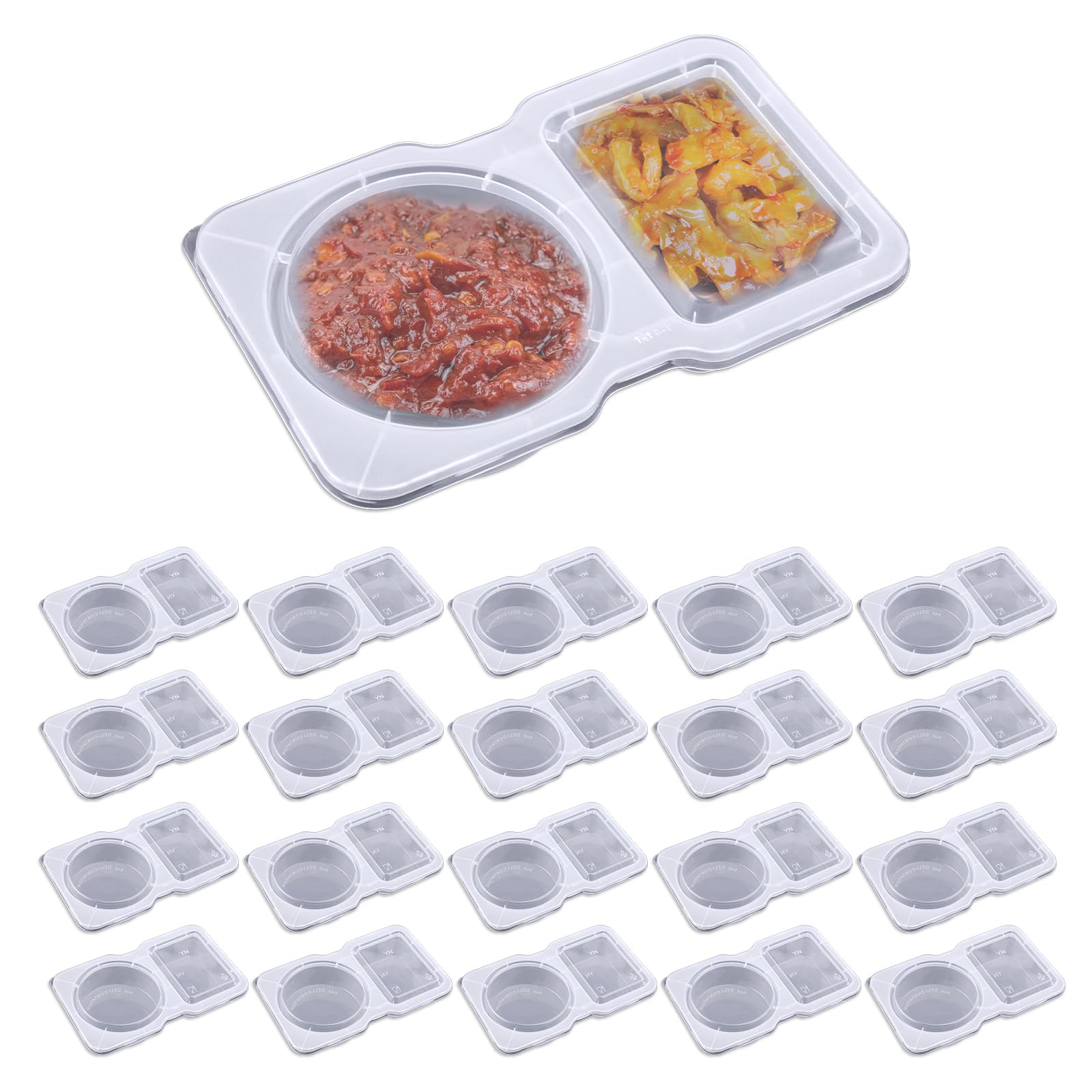 NQEUEPN 20pcs Double Condiment Containers, Square & Round Condiment Containers with Lids 2 Compartment Snack Containers Double Sauce Containers for Camping Travel, Easy to Clean