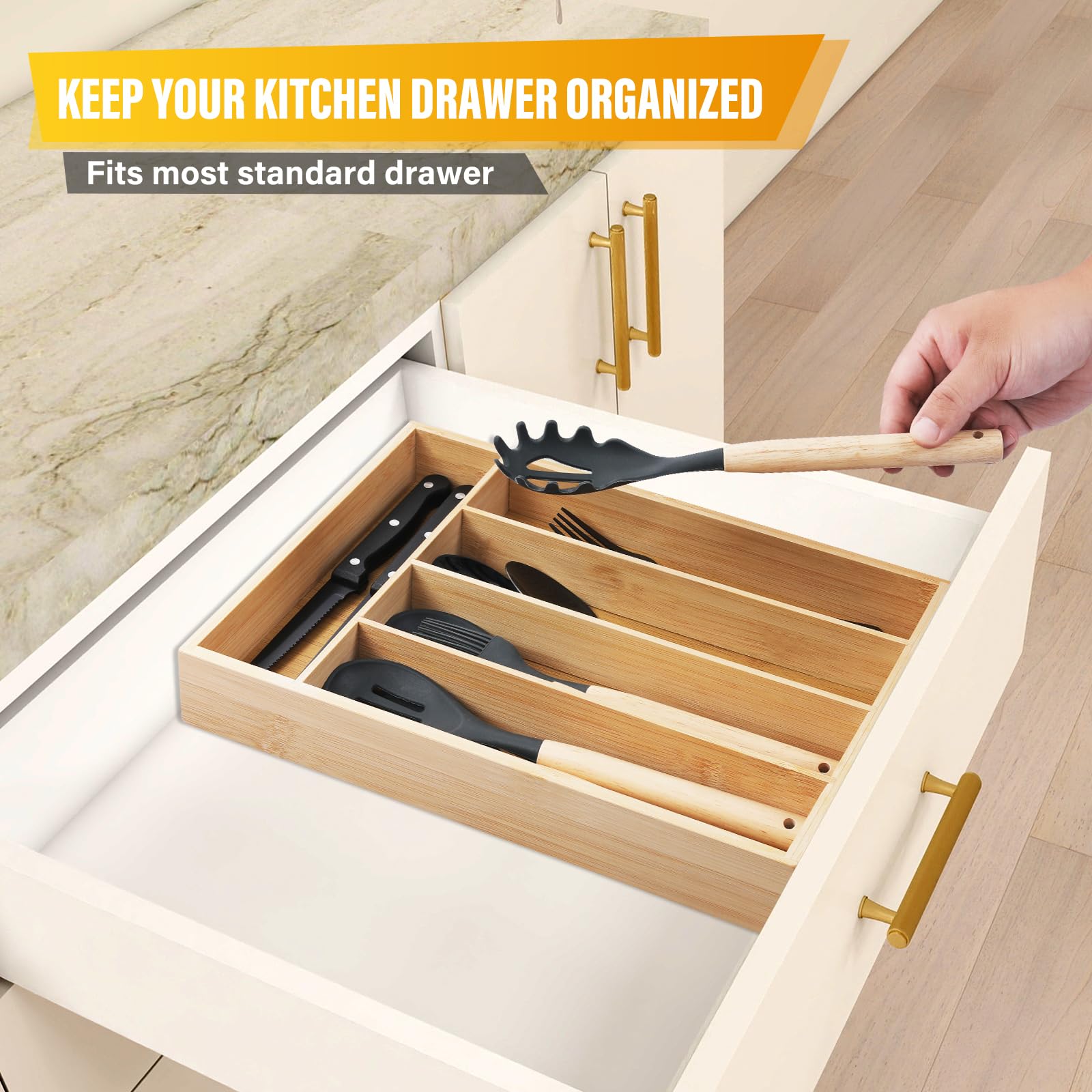 CherHome Silverware Organizer Utensil Drawer Organizer,Silverware Tray for Kitchen Drawer,Bamboo Flatware Tableware Cultery Caddy Utensil Tray Utensils Holder,5-Compartment,13.5" D x 10" W x 2" H