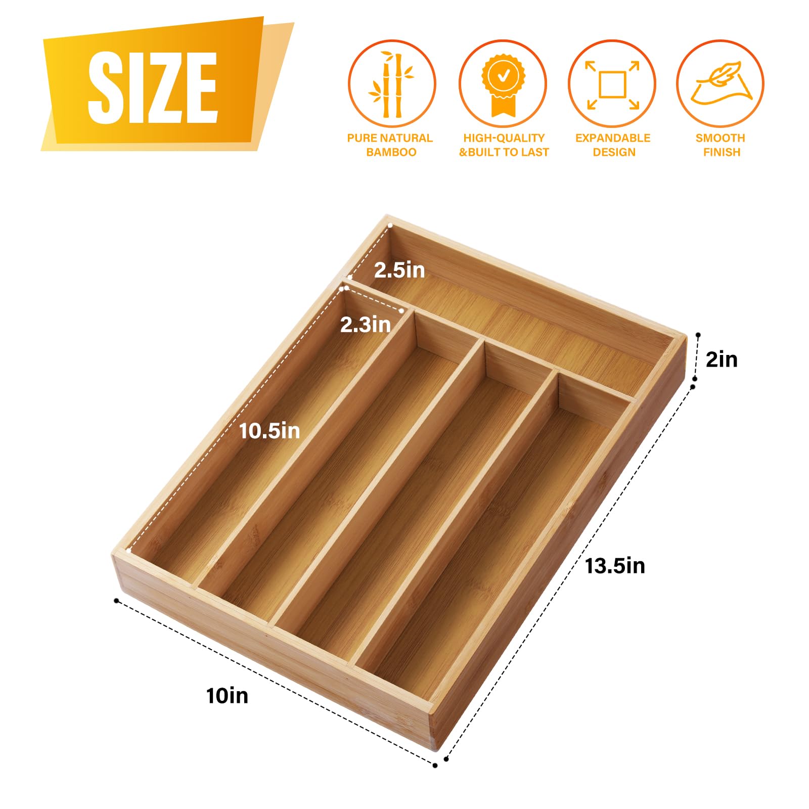 CherHome Silverware Organizer Utensil Drawer Organizer,Silverware Tray for Kitchen Drawer,Bamboo Flatware Tableware Cultery Caddy Utensil Tray Utensils Holder,5-Compartment,13.5" D x 10" W x 2" H