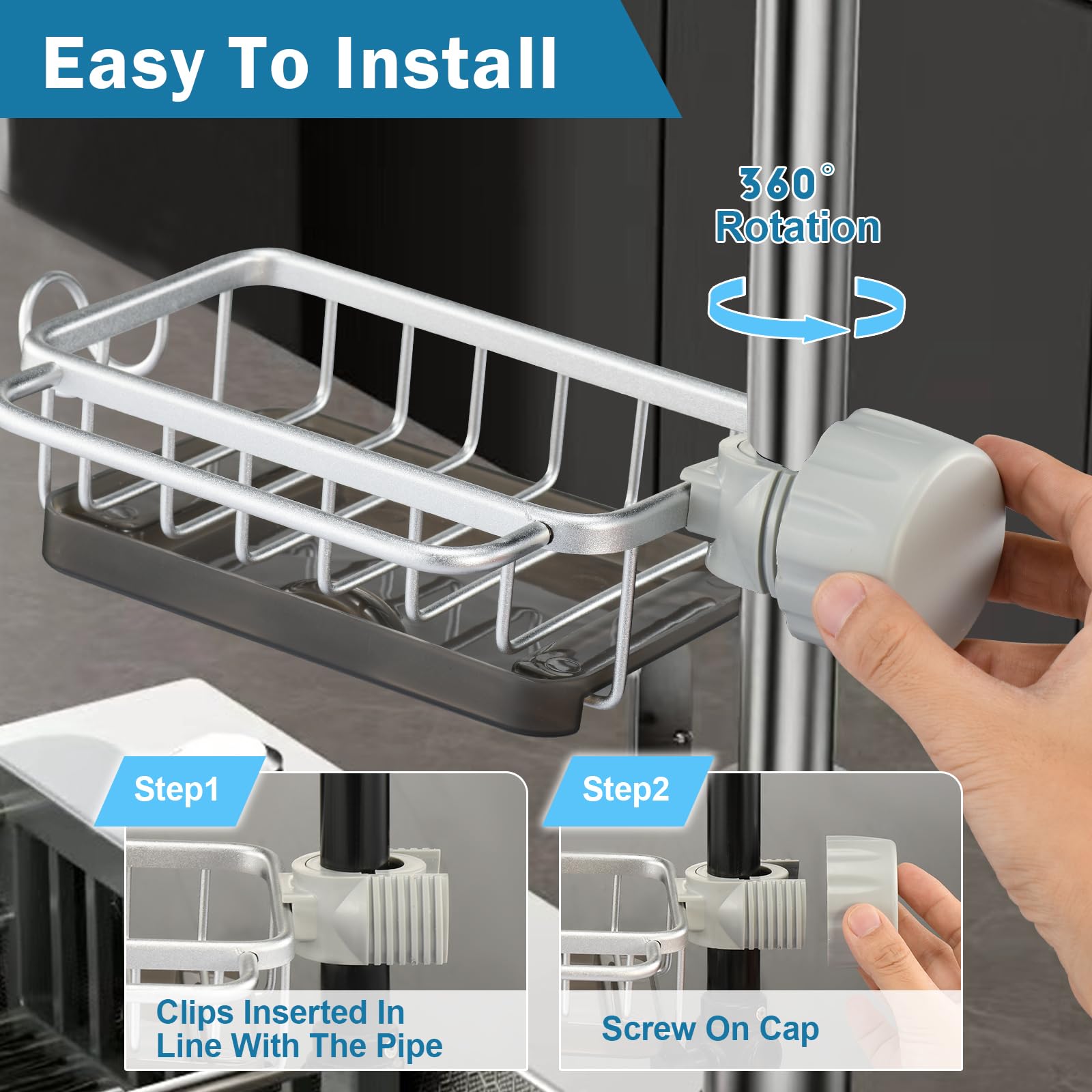 CAGSIG Kitchen Sink Faucet Organizer, Faucet Storage Rack with Drain Tray & Towel Rack, Multi-Function Sponge Holder Faucet Storage Rack for 0.7-1.1 Inch Round Water Pipes Silver-Left