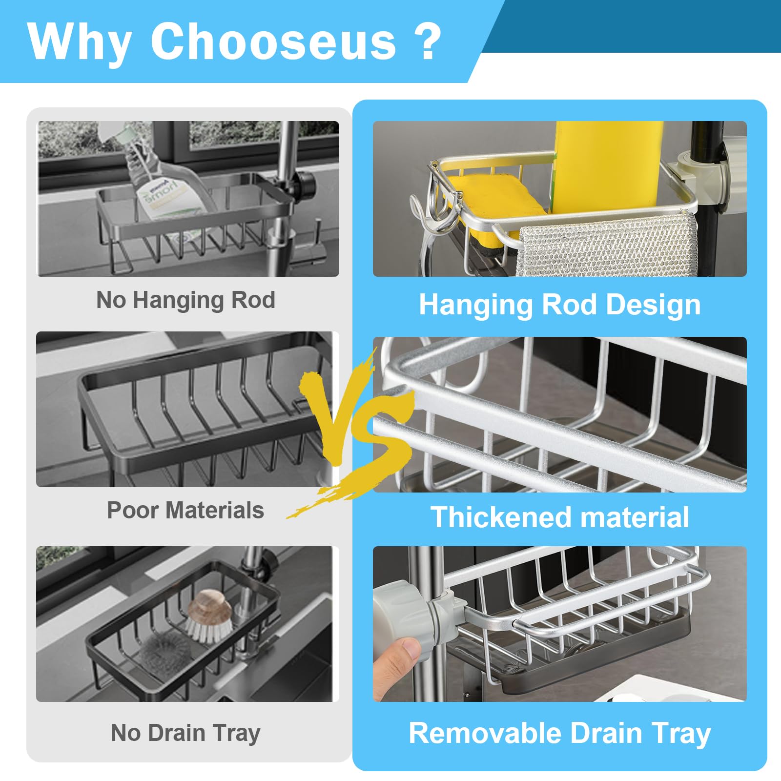 CAGSIG Kitchen Sink Faucet Organizer, Faucet Storage Rack with Drain Tray & Towel Rack, Multi-Function Sponge Holder Faucet Storage Rack for 0.7-1.1 Inch Round Water Pipes Silver-Left