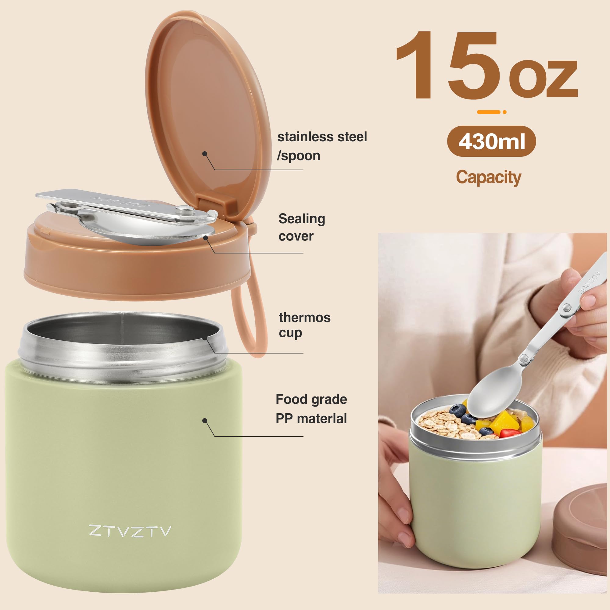 CJACJA Thermo for Hot Food Kids - 15.2 Oz, Insulated Food Jar for Soup, Width Mouth Stainless Steel Insulated Lunch Container with Folding Spoon, Black