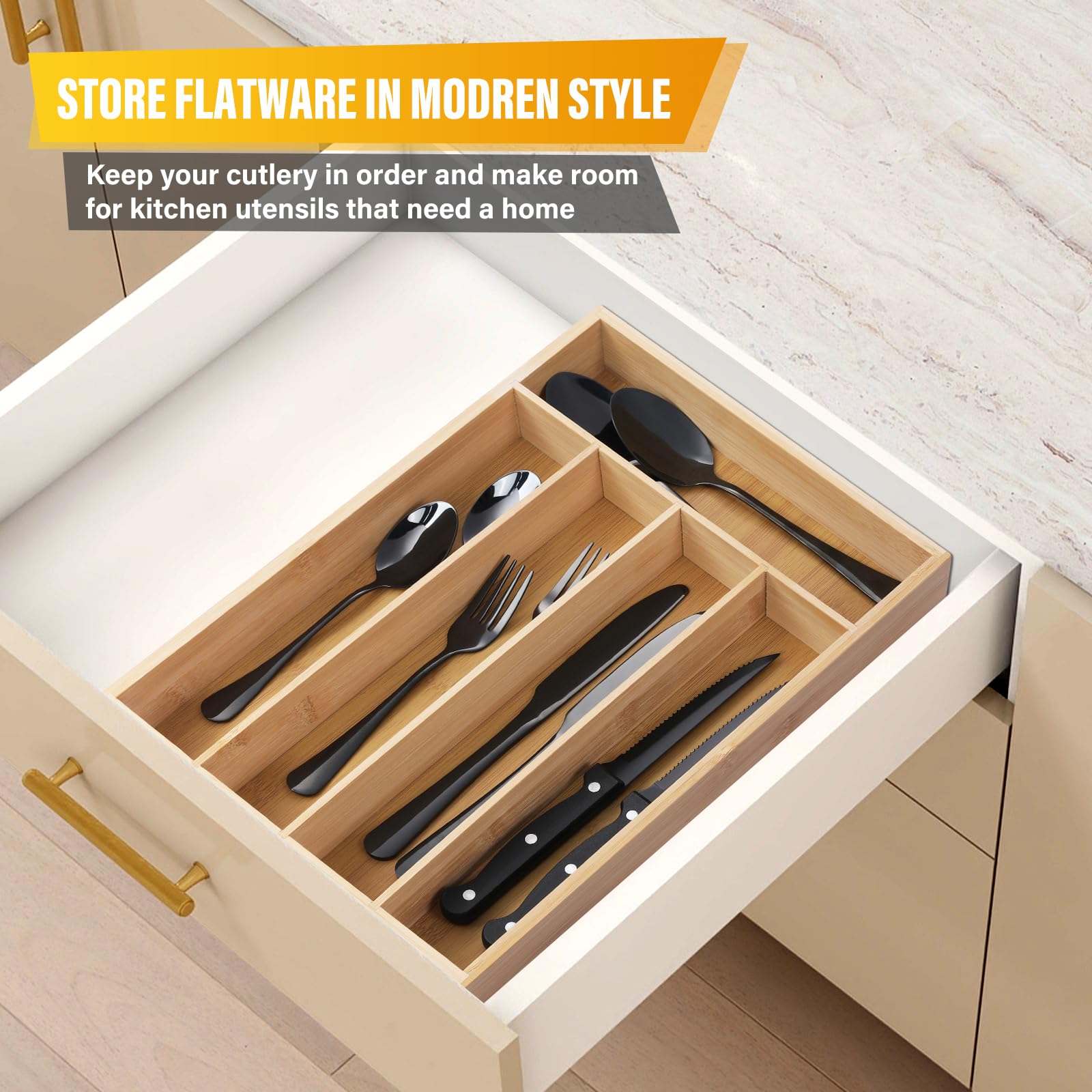 CherHome Silverware Organizer Utensil Drawer Organizer,Silverware Tray for Kitchen Drawer,Bamboo Flatware Tableware Cultery Caddy Utensil Tray Utensils Holder,5-Compartment,13.5" D x 10" W x 2" H