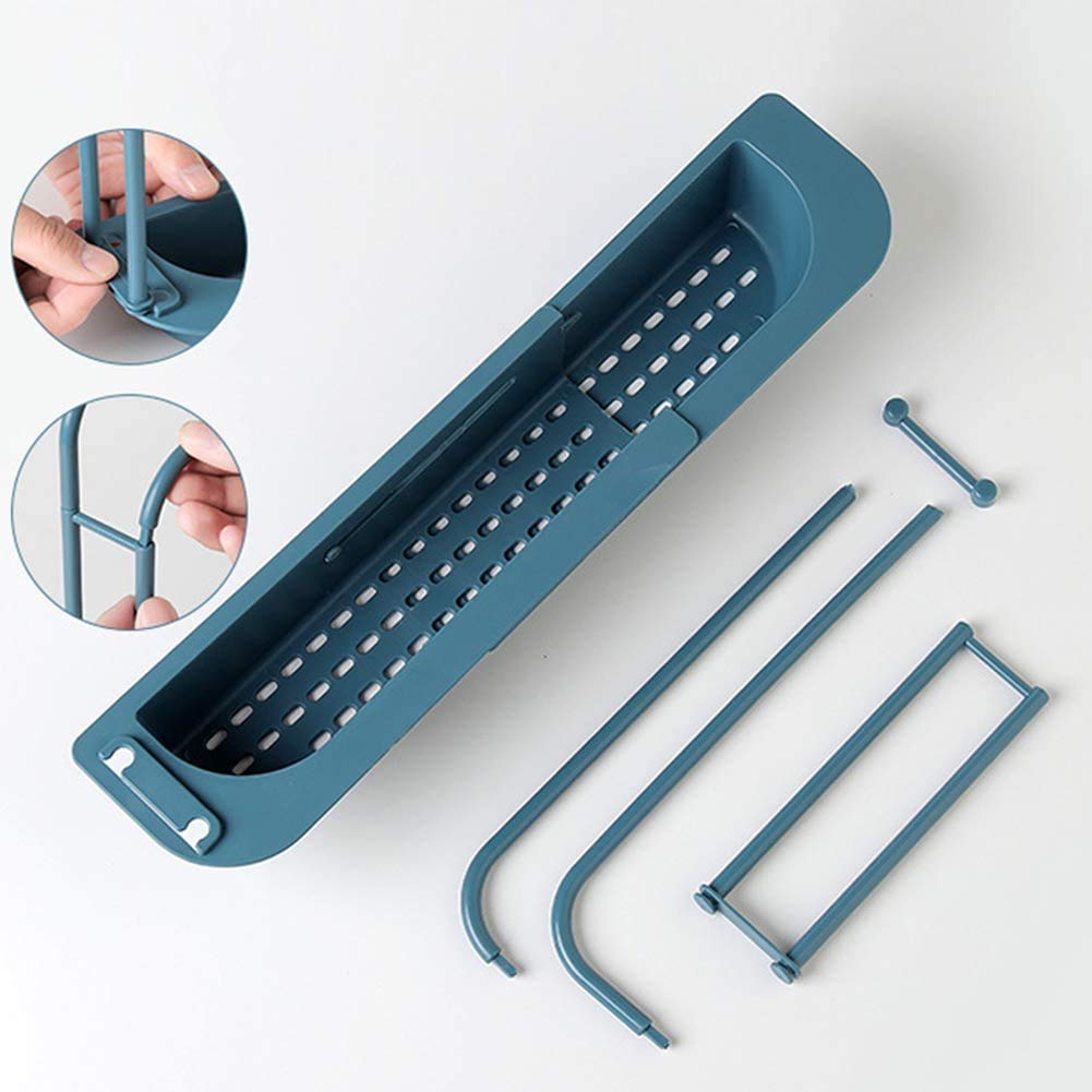 Telescopic Sink Storage Rack Holder Tray Expandable Drain Basket Rack Adjustable Sponge Soap Holder Drainer Sink Tray for Home Kitchen (BLUE)