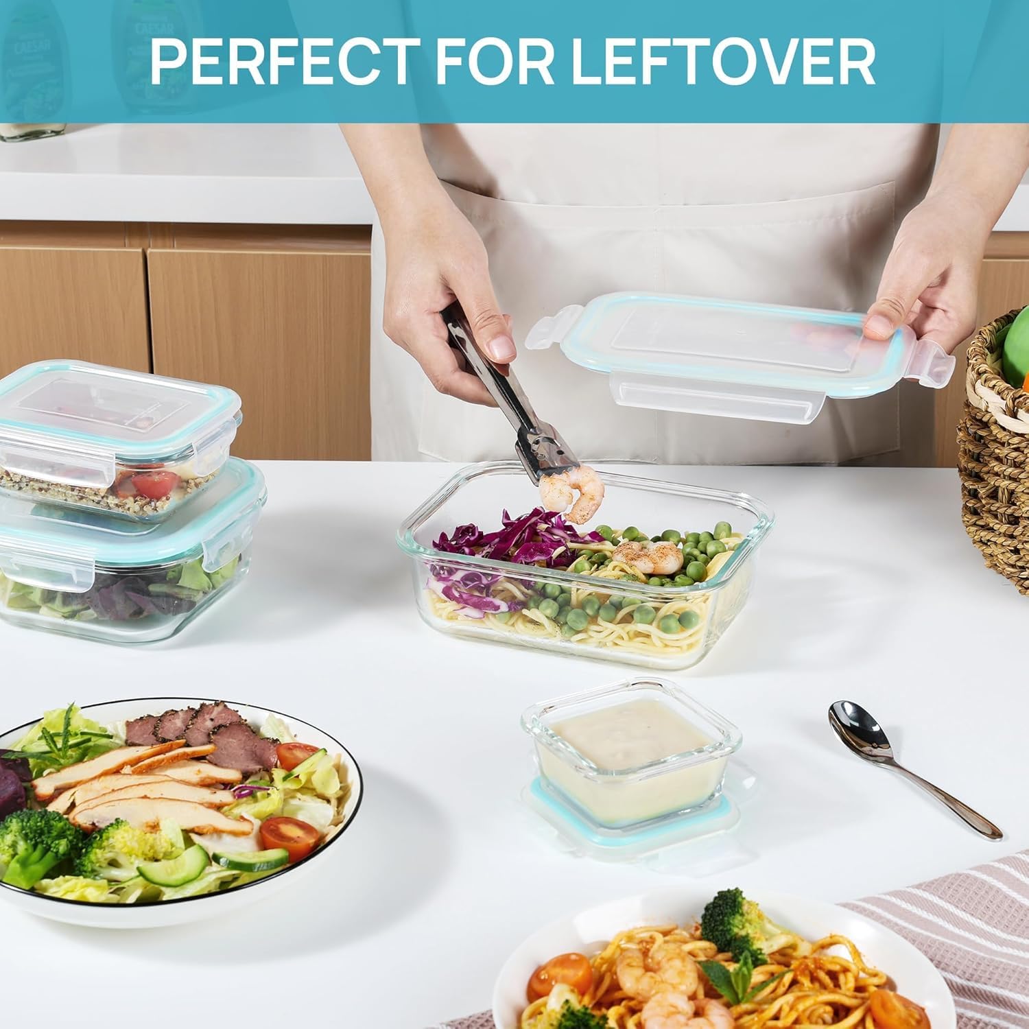 AISOON 18-Piece Glass Food Storage Containers with Lids, Meal Prep Containers,Leak Proof, Dishwasher Safe Glass Food,Oven/Microwave/Freezer Safe((9 Lids & 9 Containers)