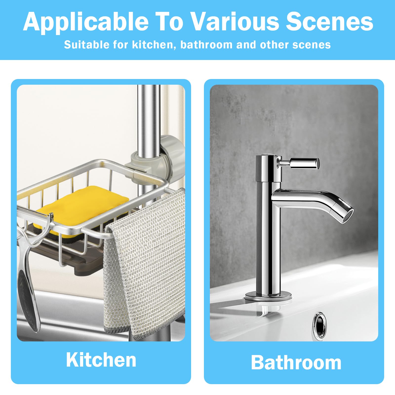 CAGSIG Kitchen Sink Faucet Organizer, Faucet Storage Rack with Drain Tray & Towel Rack, Multi-Function Sponge Holder Faucet Storage Rack for 0.7-1.1 Inch Round Water Pipes Silver-Left