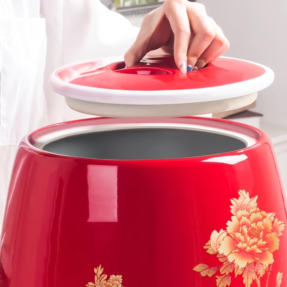 Ceramic Food Storage Jar Rice Storage Container Grain Storage Bin Ceramic Rice Bucket Rice Storage Box Sealed Rice Bin Cereal Rice Container for Kitchen(Red,15KG)