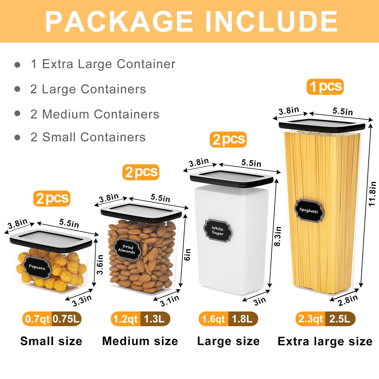Nifogo Airtight Food Storage Containers with Lids 7 Pack, kitchen Storage Containers, Kitchen and Pantry Organization Set, for Cereal, Flour, Sugar, Pasta, Dry Food, Include 60 Labels