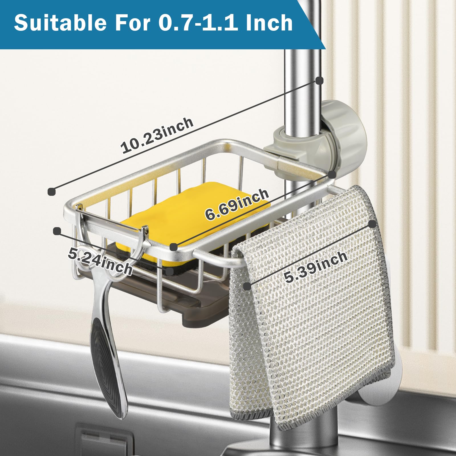 CAGSIG Kitchen Sink Faucet Organizer, Faucet Storage Rack with Drain Tray & Towel Rack, Multi-Function Sponge Holder Faucet Storage Rack for 0.7-1.1 Inch Round Water Pipes Silver-Left