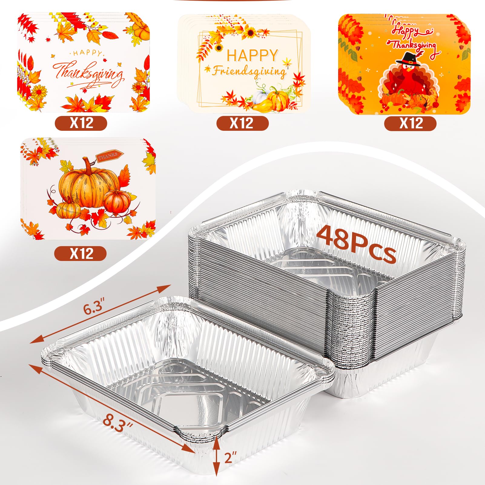 Thanksgiving Aluminum Food Containers with Lids, Thanksgiving Leftover Containers 48 PCS Disposable Turkey Tin Foil Pans Thanksgiving Party Supplies