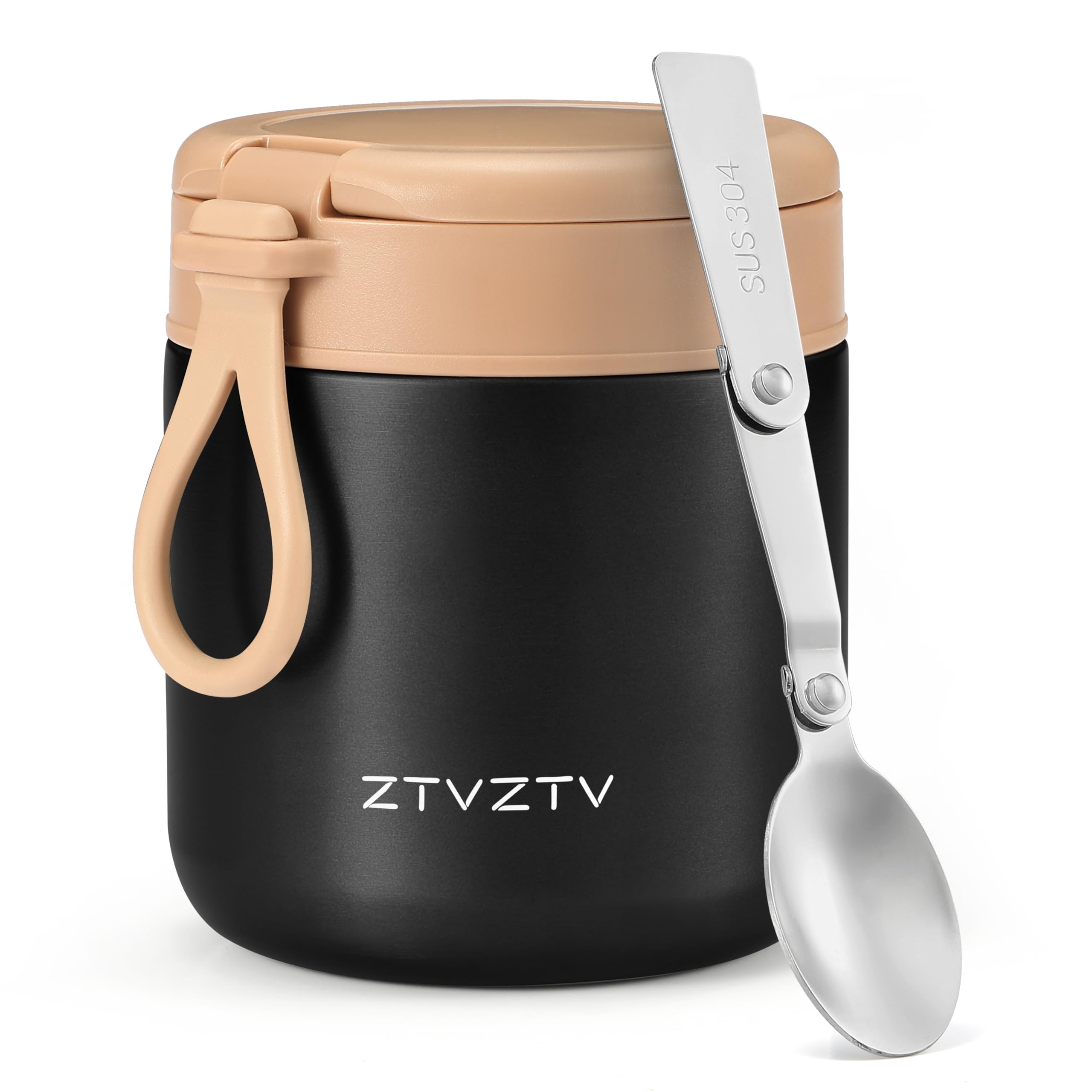CJACJA Thermo for Hot Food Kids - 15.2 Oz, Insulated Food Jar for Soup, Width Mouth Stainless Steel Insulated Lunch Container with Folding Spoon, Black