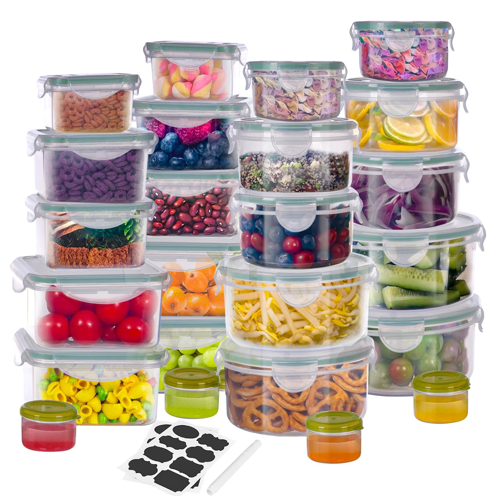 UULID 50 PCS Plastic Food Storage Containers Sets with Lids Leakproof Reusable BPA Free Snap Lid Storage Containers Small Meal Prep Containers with Snap Lids Labels & Marker Pen