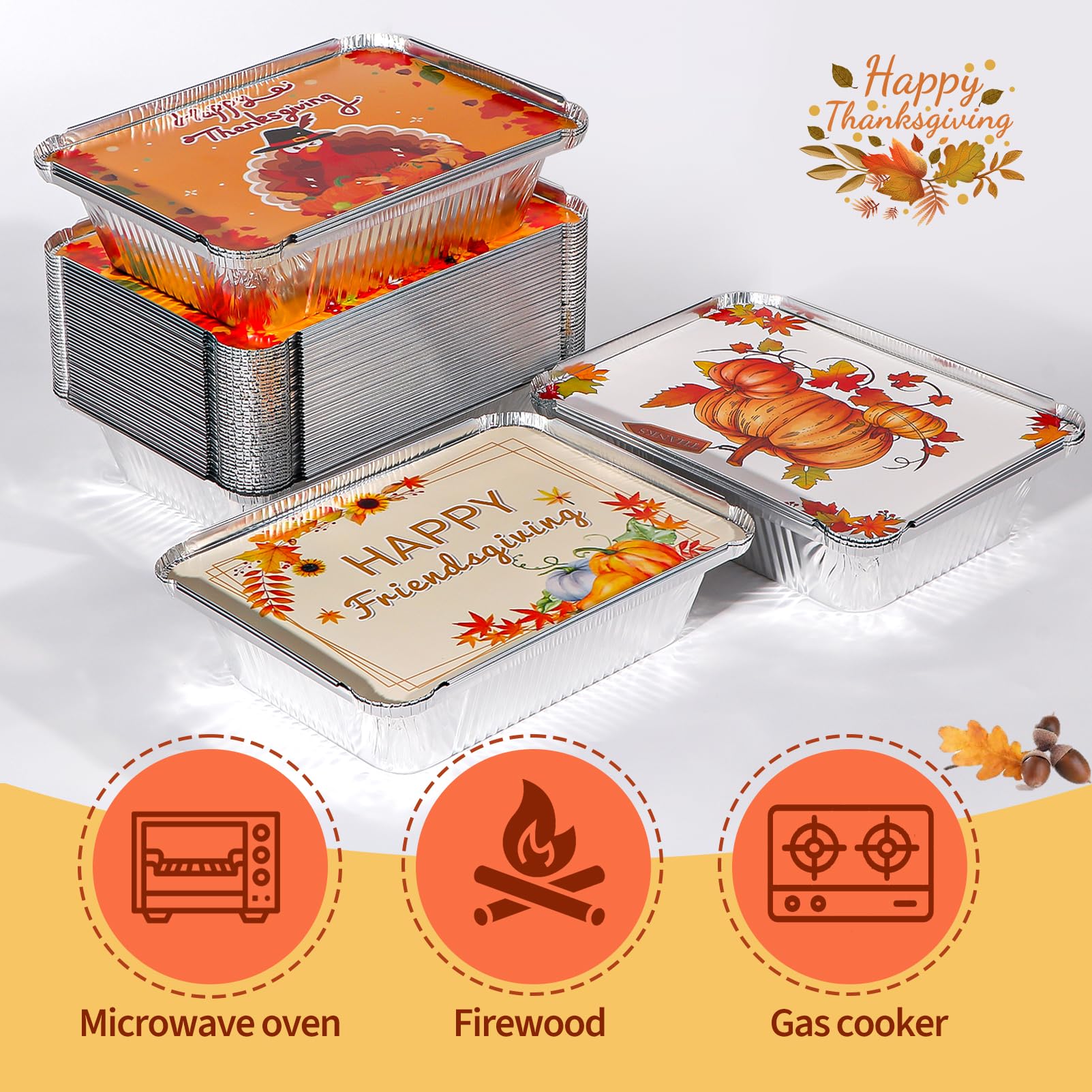 Thanksgiving Aluminum Food Containers with Lids, Thanksgiving Leftover Containers 48 PCS Disposable Turkey Tin Foil Pans Thanksgiving Party Supplies