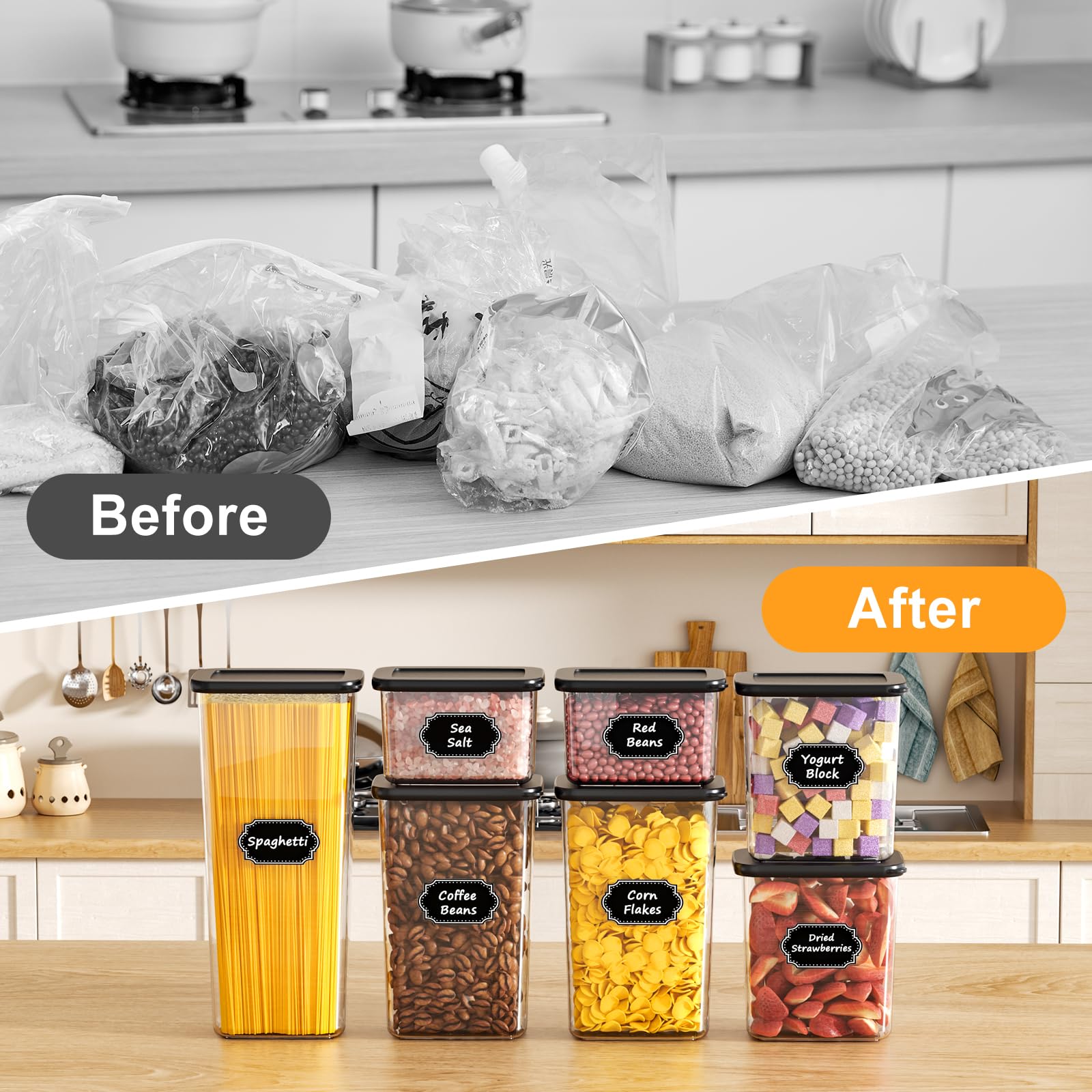 Nifogo Airtight Food Storage Containers with Lids 7 Pack, kitchen Storage Containers, Kitchen and Pantry Organization Set, for Cereal, Flour, Sugar, Pasta, Dry Food, Include 60 Labels