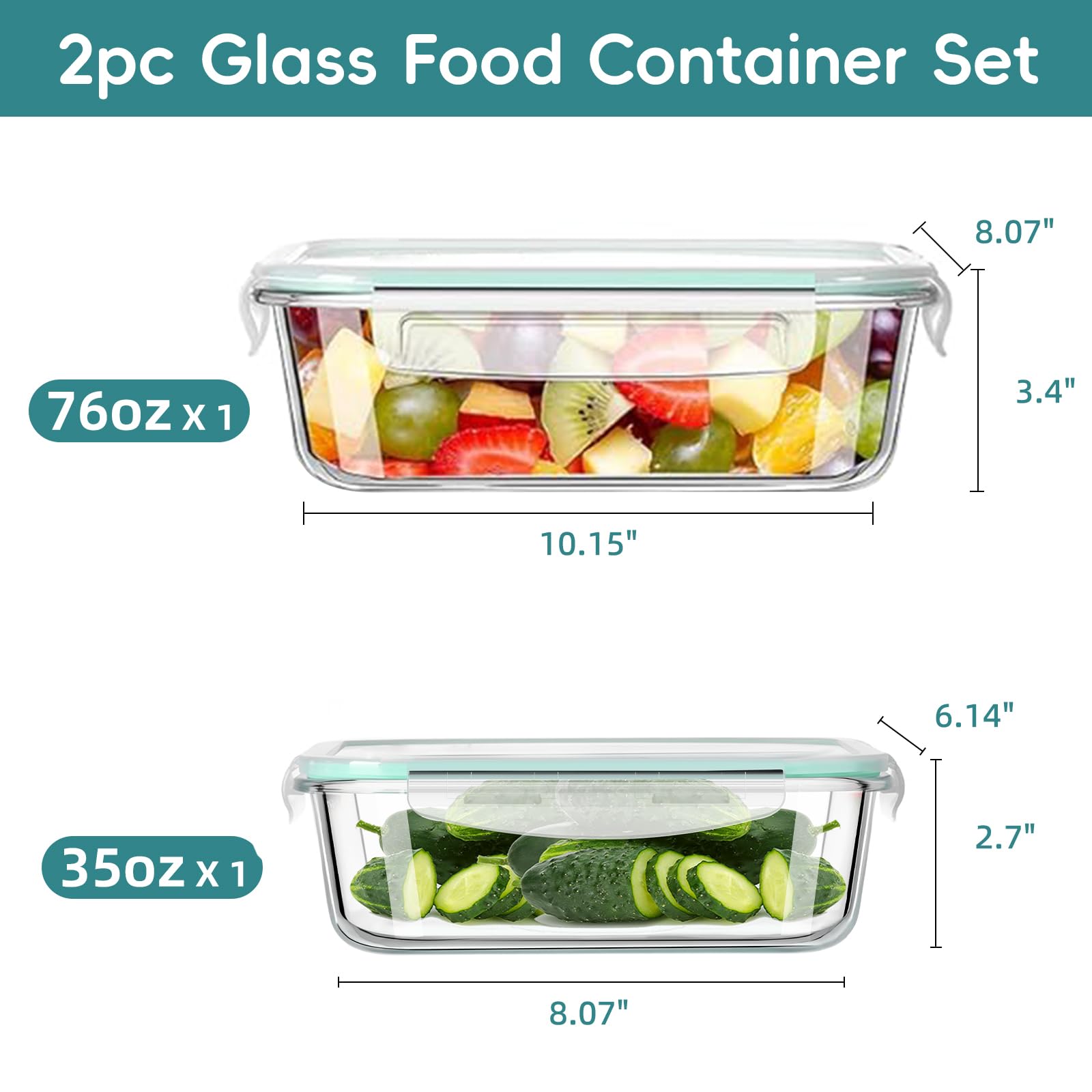 ECO-TOGO Airtight Glass Food Storage Containers with Lids, Glass Lunch Box, Leak-proof, BPA-Free, Microwave, Oven, Freezer, Dishwasher (2-Pack)