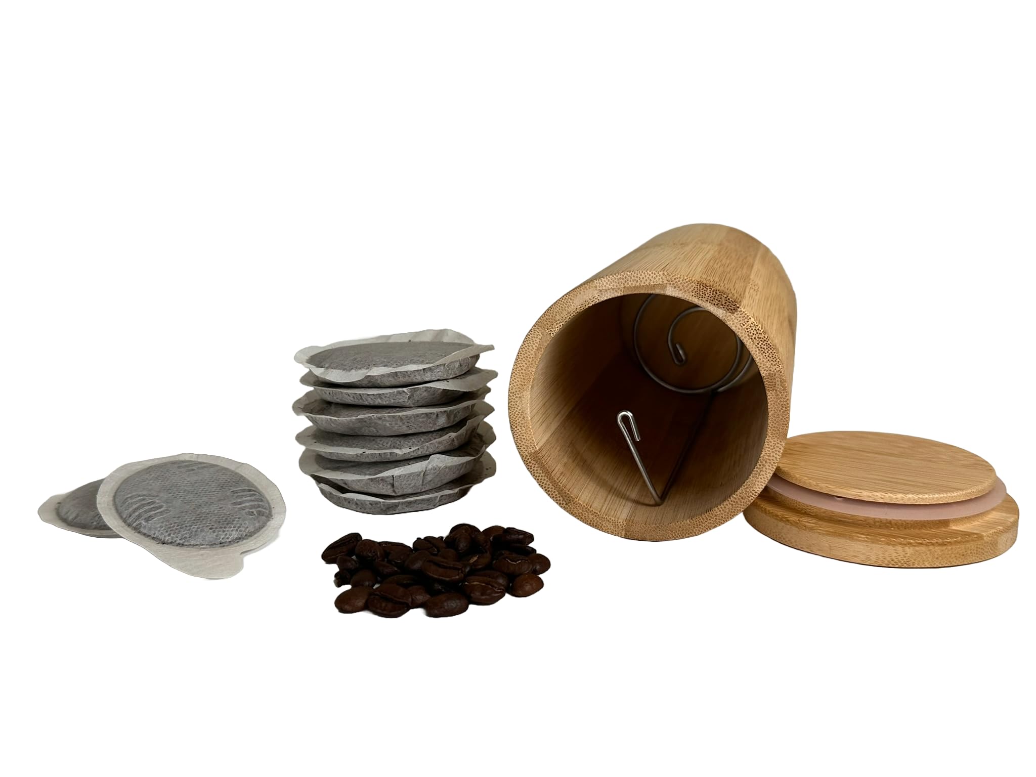 2Droids Air-tight bamboo container for coffee pods, coffee pads, coffee grounds, coffee beans. Compatible with Senseo, Hamilton Beach, Illy, and other pantry items. [Pack of 1]