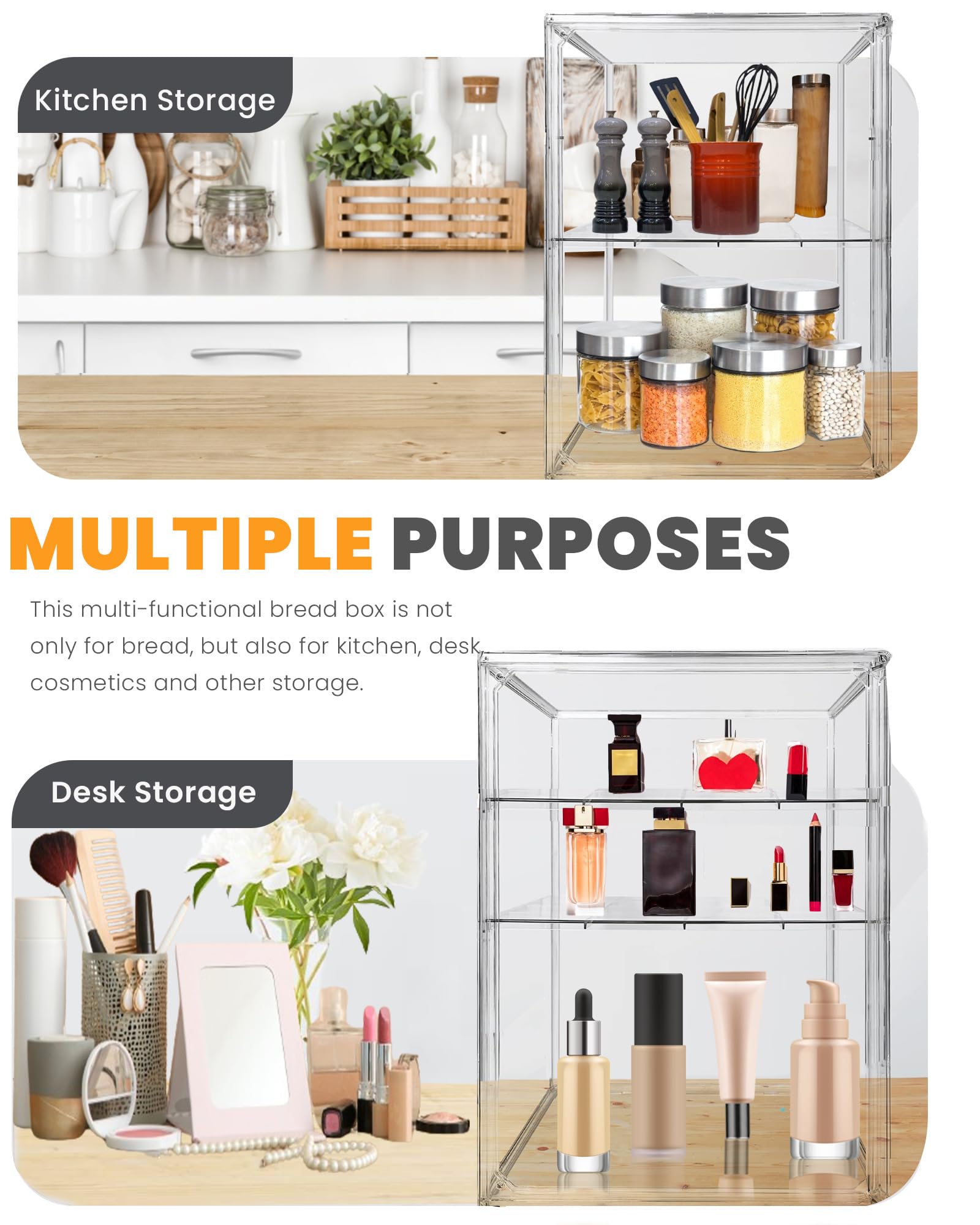 Bread Box,Large Bread Boxs for Kitchen Countertop - 4 Layers Adjustable Bread Storage Container, Clear Boxes for Kitchen Counter, Breads Box Airtight,Bread Holder,Perfect for Bagel, Muffins