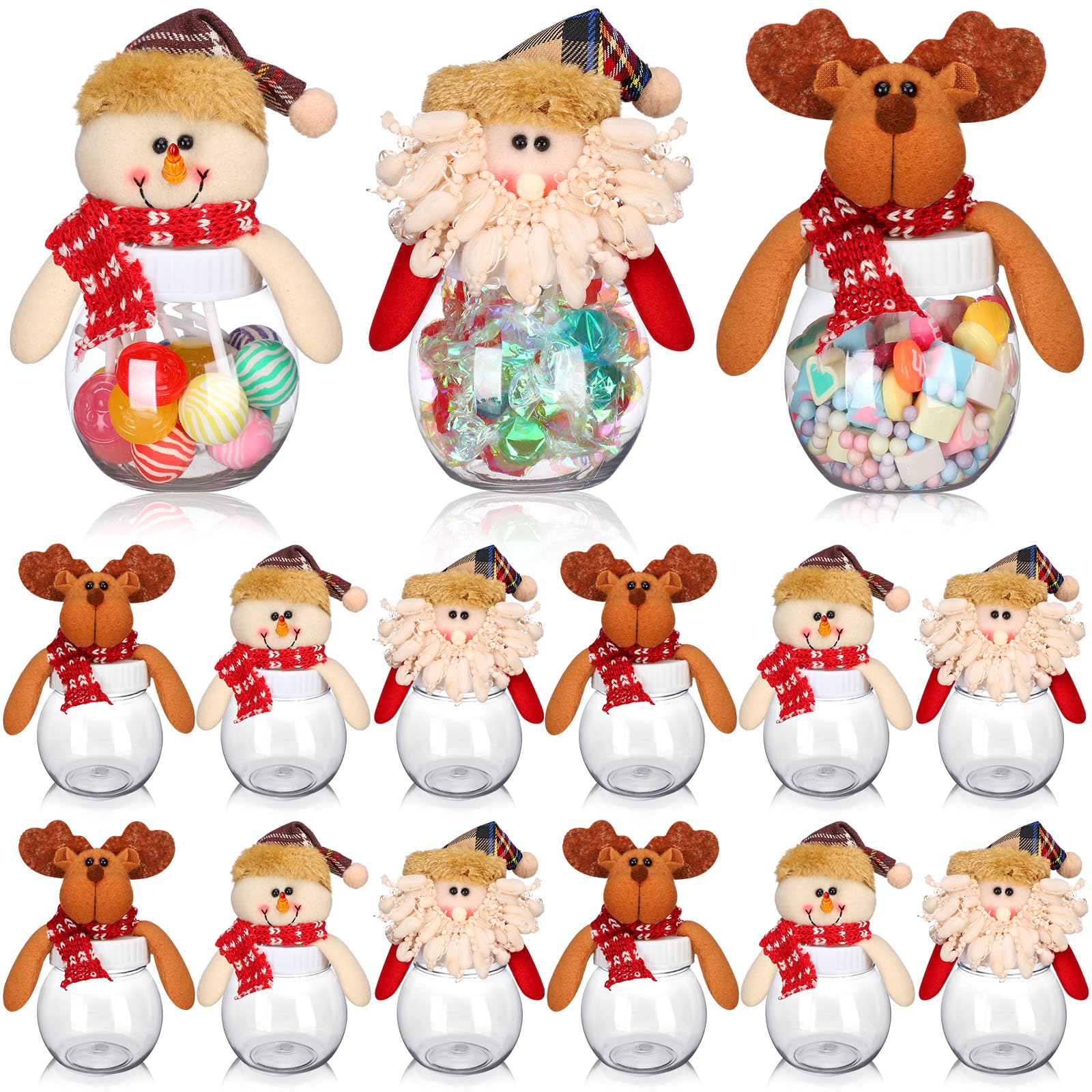 Reallnaive 12 Pcs Christmas Candy Jars 5.91 x 3.15 Inch Plastic Clear Candy Jars with Doll Snowman Santa Elk Lid Christmas Cookie Jar Food Storage Container Candy Box for Holiday Xmas Party Gifts