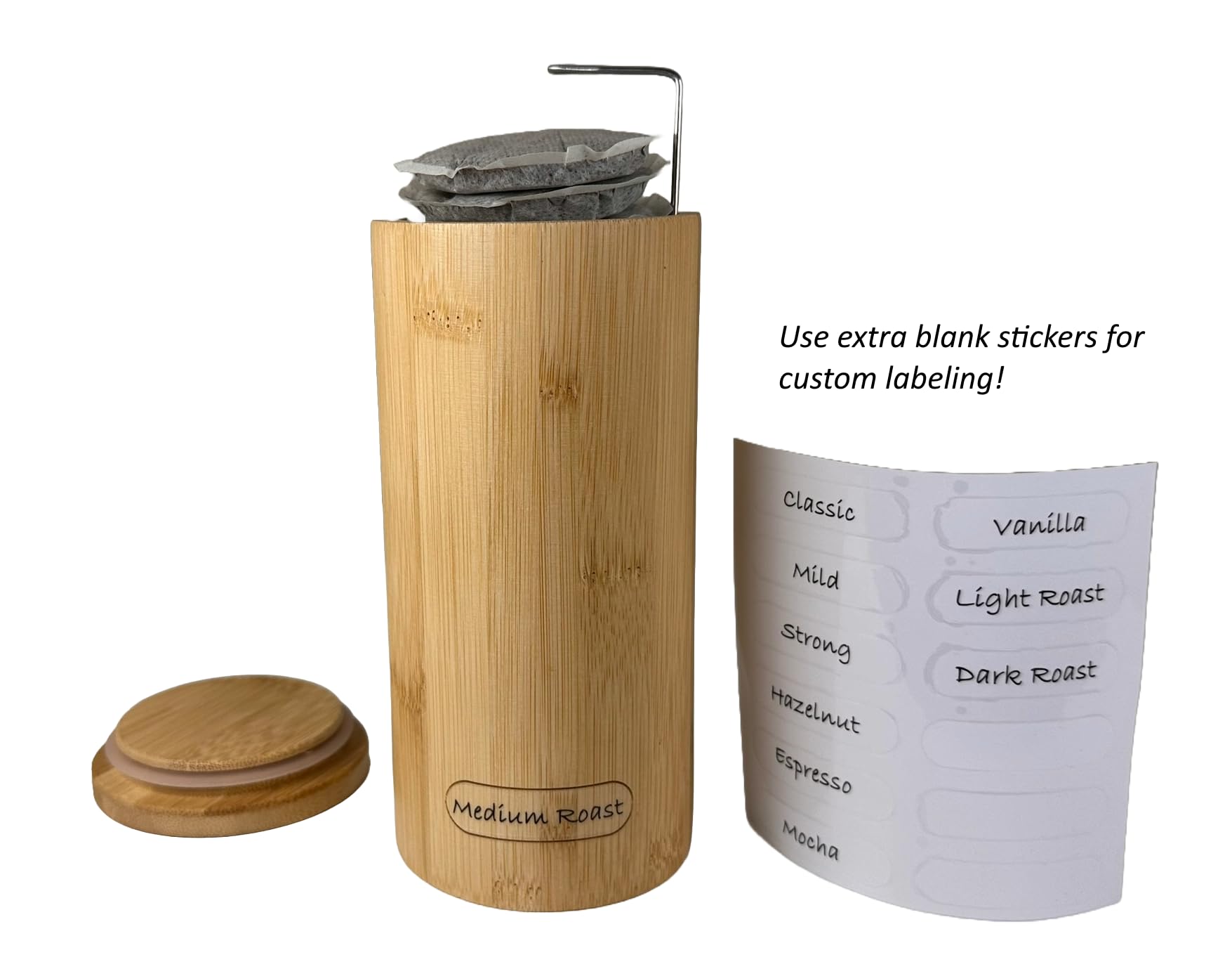 2Droids Air-tight bamboo container for coffee pods, coffee pads, coffee grounds, coffee beans. Compatible with Senseo, Hamilton Beach, Illy, and other pantry items. [Pack of 1]