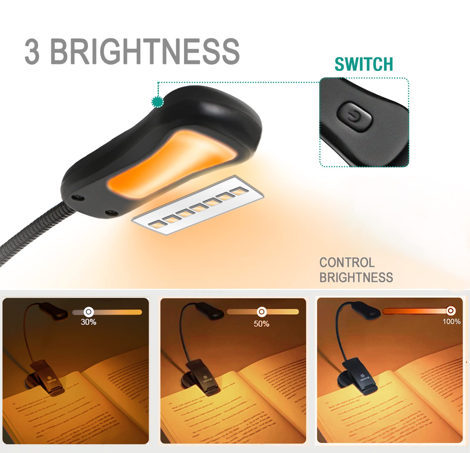 Vekkia Amber Rechargeable 7 Led Eye-Care Book Light,Blue Light Blocking Reading Light,3 Levels,1600K for Strain-Free, Healthy Eyes.Up to 70 Hours Reading for Bookworms.