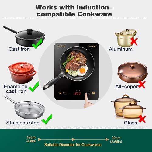 Sunmaki Induction Cooktop, Induction Hot Plate with LED Display, 1800W Countertop Burner Portable Black Crystal Glass Surface 10 Temperature 9 Power Setting &3H Timer for Cooking