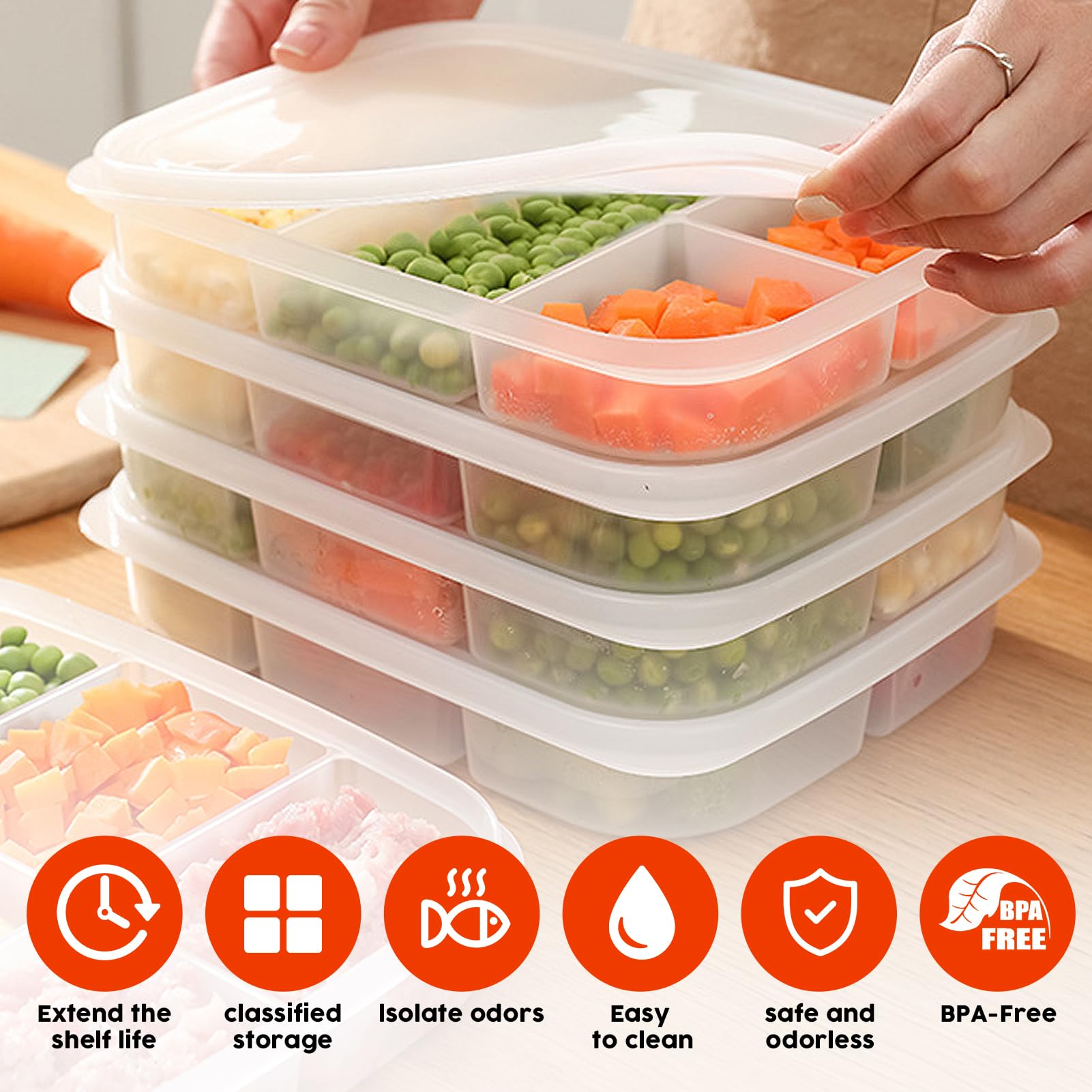 KKONHII 4 Pcs Divided Veggie Tray with Lid and Food Clip, 5 Compartment Reusable Snackle Box Food Storage Container Fridge Organizer BPA-Free Container Serving Tray for Snack, Fruit, Candy, Nuts