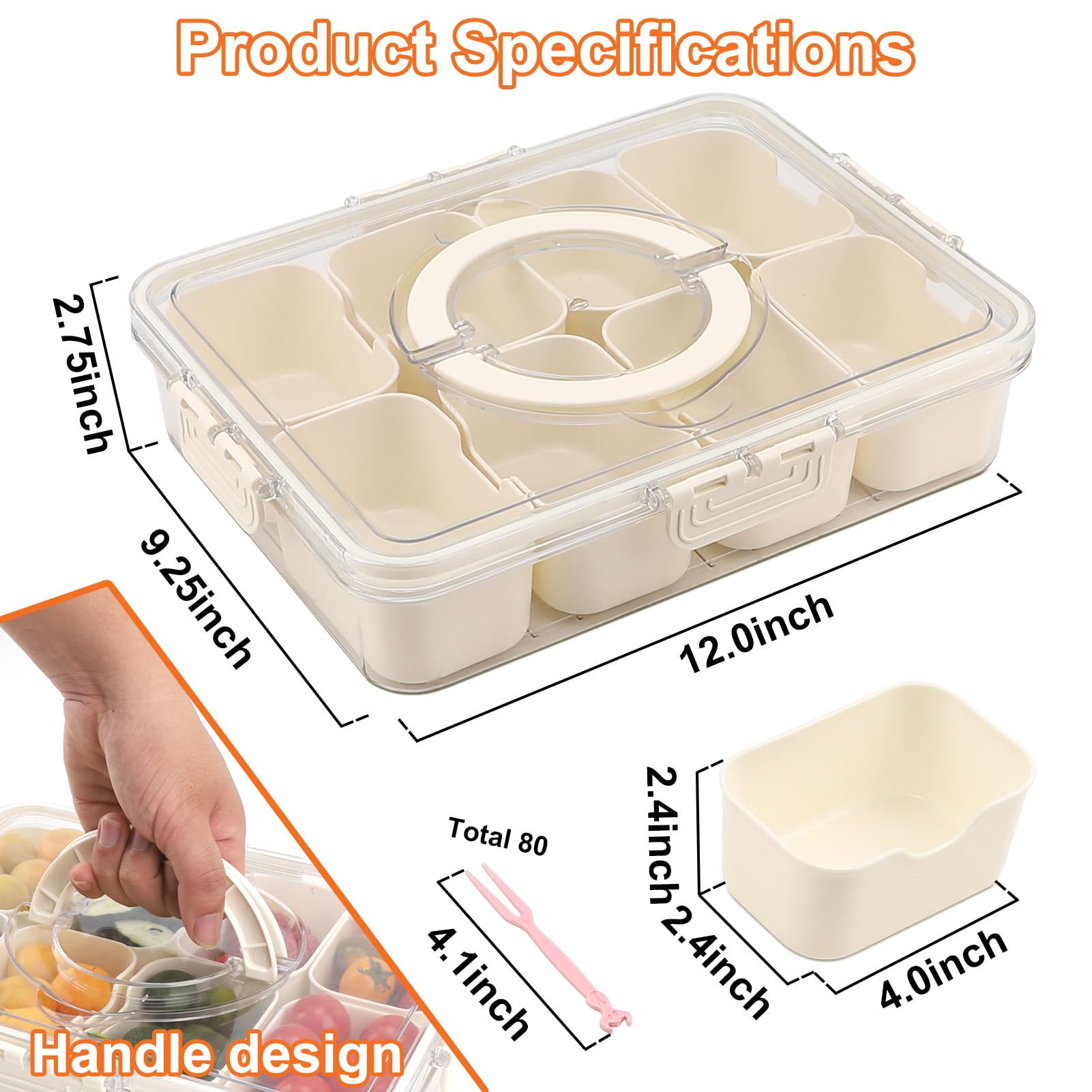 KIUGCO Divided Snackle Box Charcuterie Container with Lid and Handle, Portable Snack Serving Tray with 8 Compartments for traveling, Party, Fruit, Nuts, Candy, Entertaining, Picnic, 2 Pack
